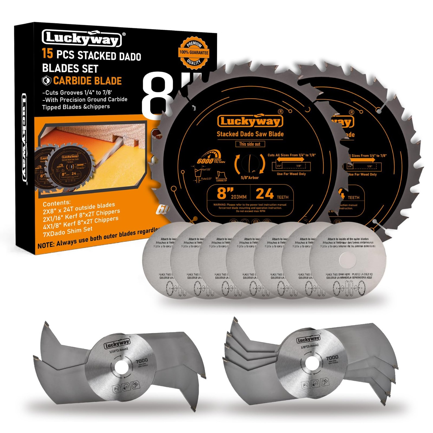 Luckyway Stacked Dado Blade Set, 8 Inch Dado Blade 24 Carbide Tip Tooth ...