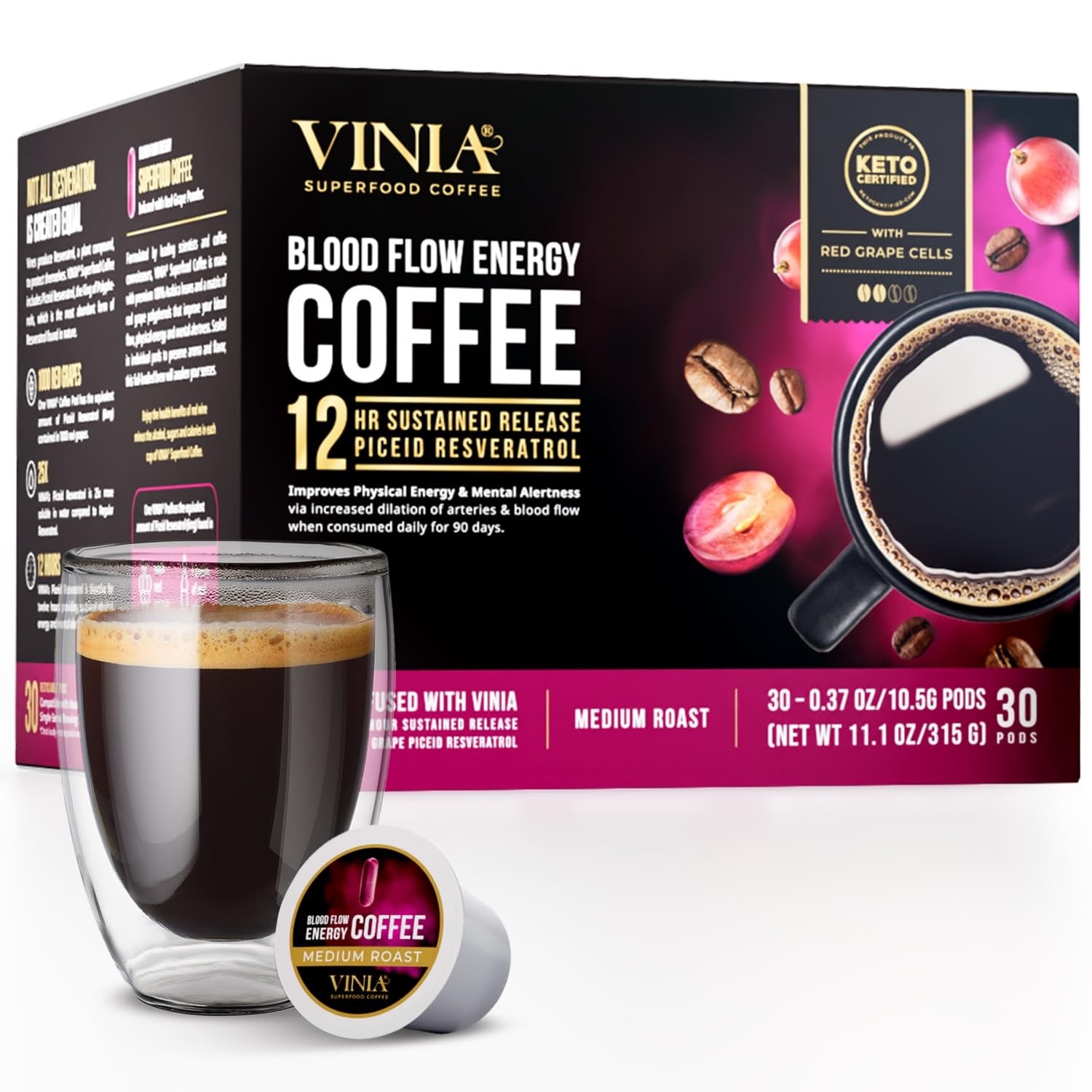 VINIA Blood Flow Energy Coffee Pods - Medium Roast Infused with Red ...