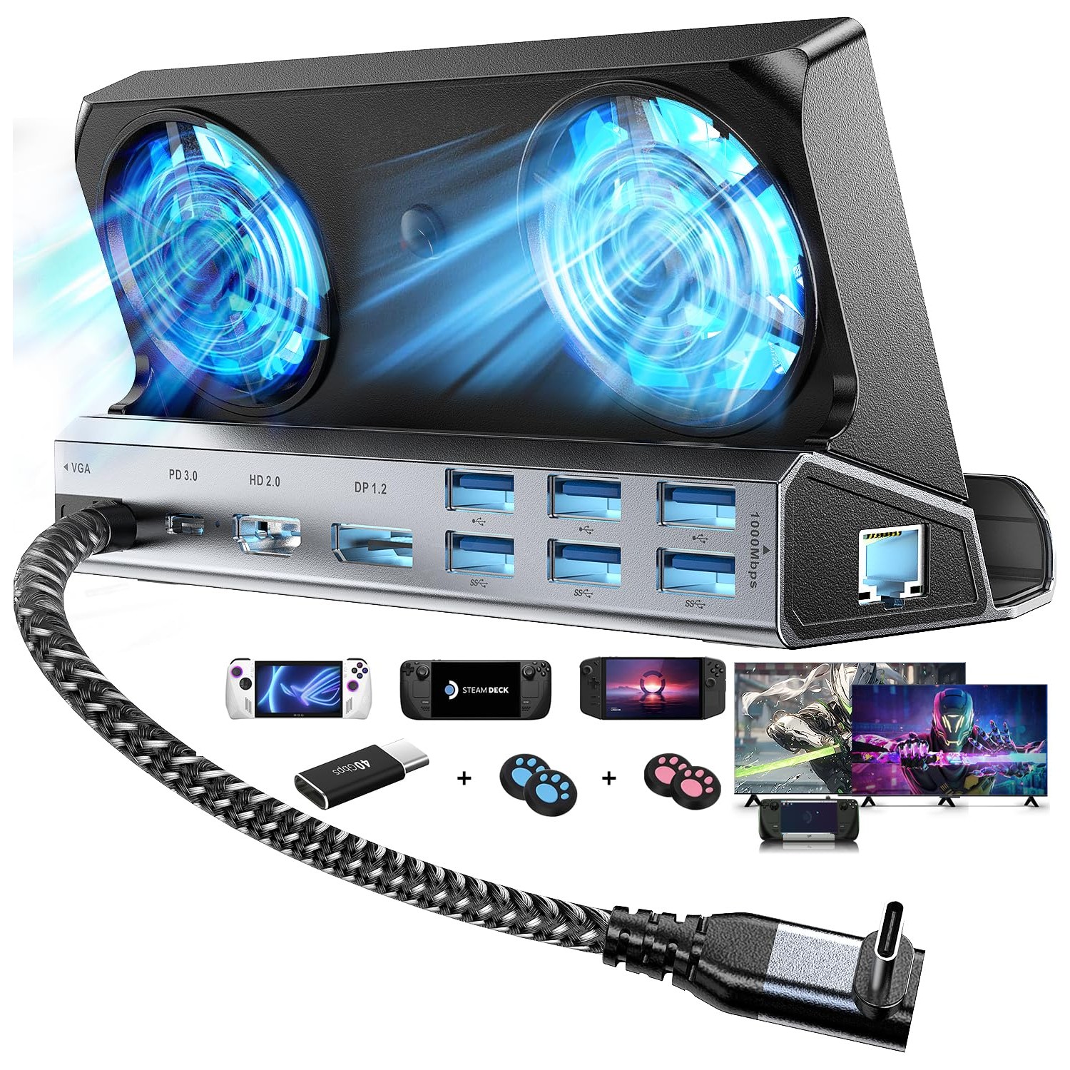 YCE 14 in 1 Steam Deck Docking Station Dual Cooling Fans with HDMI 2.0 ...