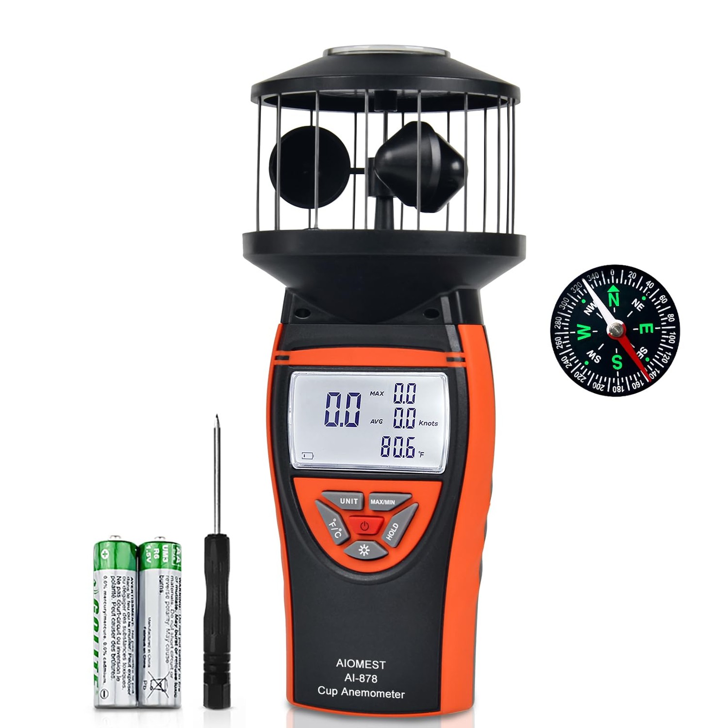 AIOMEST Wind Cup Anemometer, Handheld Outdoor Air Velocity Meter ...