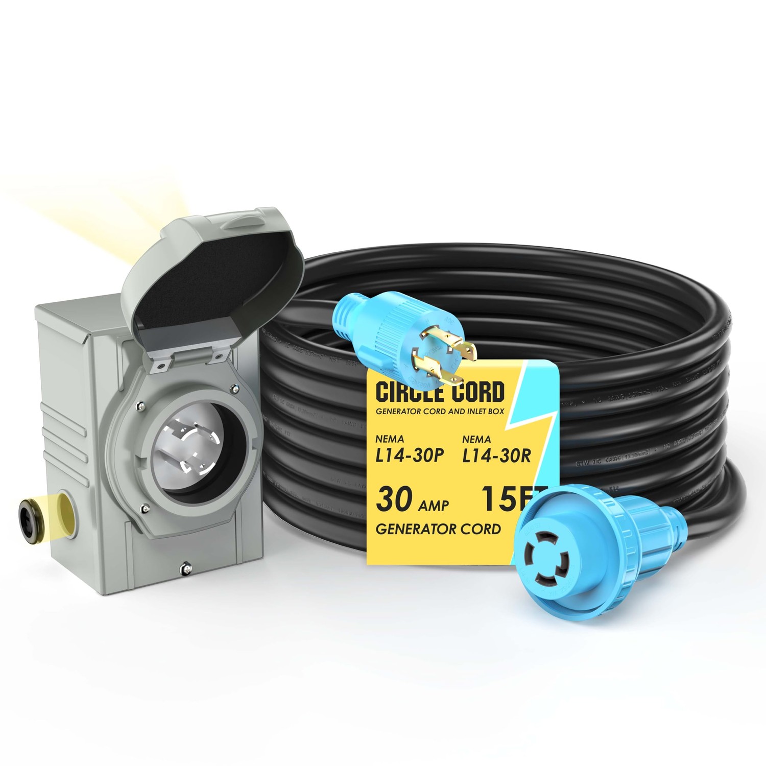 CircleCord 4 Prong 15 Feet 30 Amp Generator Extension Cord and Inlet ...