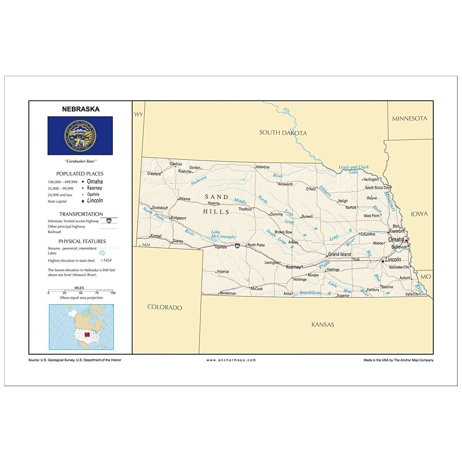 13x19 Nebraska General Reference Wall Map - Anchor Maps USA ...
