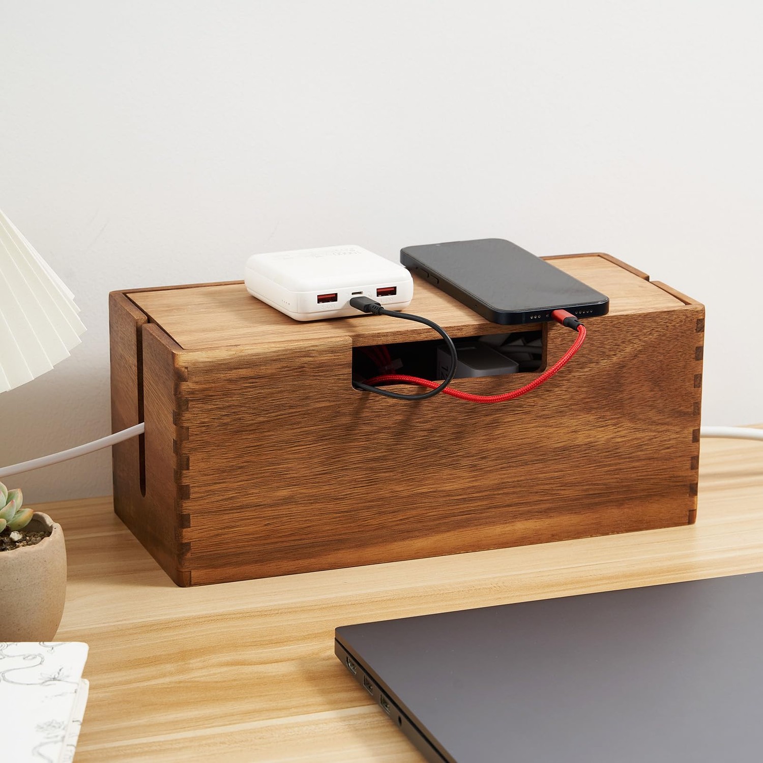 Acacia Wood Cable Management Box, Wooden Cord Hider & Organizer for ...