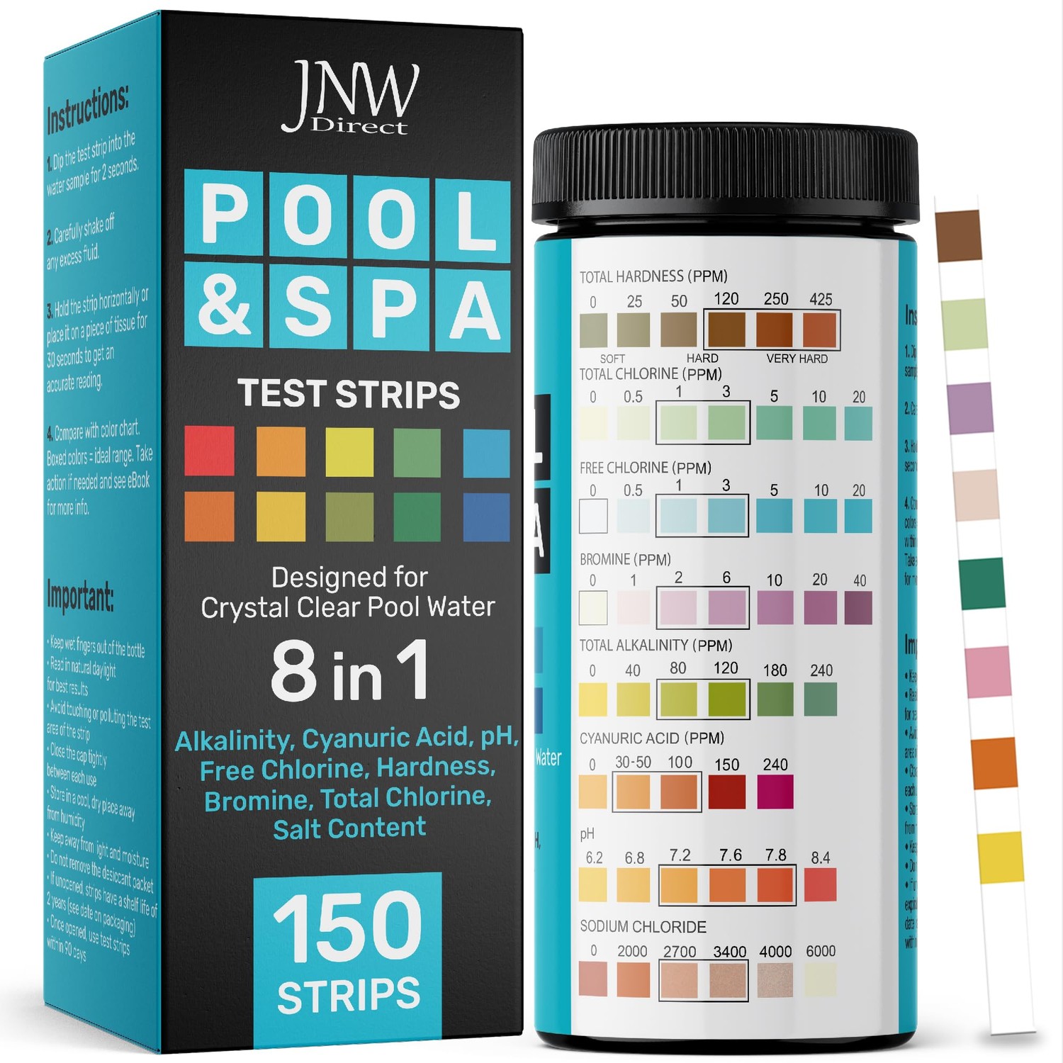 JNW Direct Pool Test Strips 8-in-1, 150 Quick and Accurate Pool and Hot ...