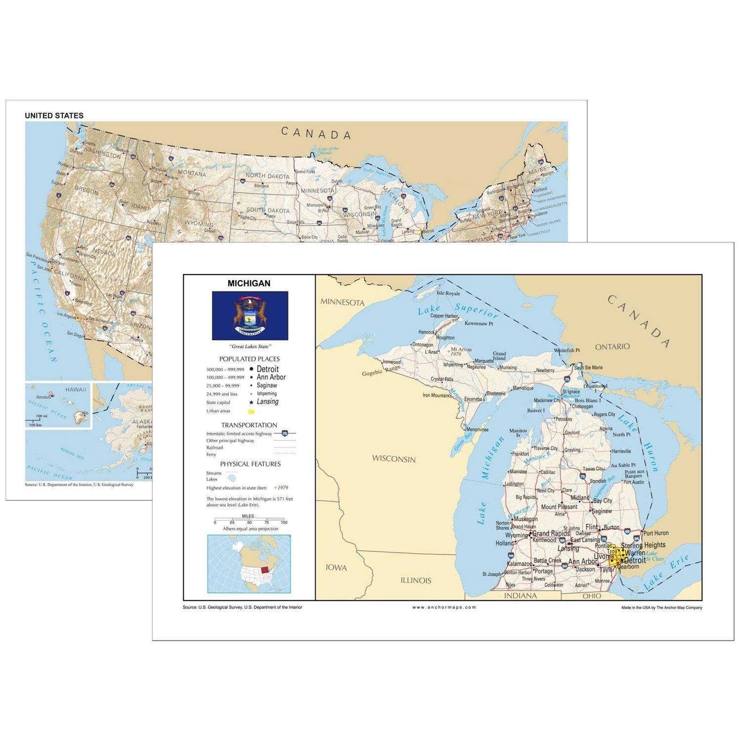 13x19 Michigan and 13x19 United States General Reference Wall Map ...