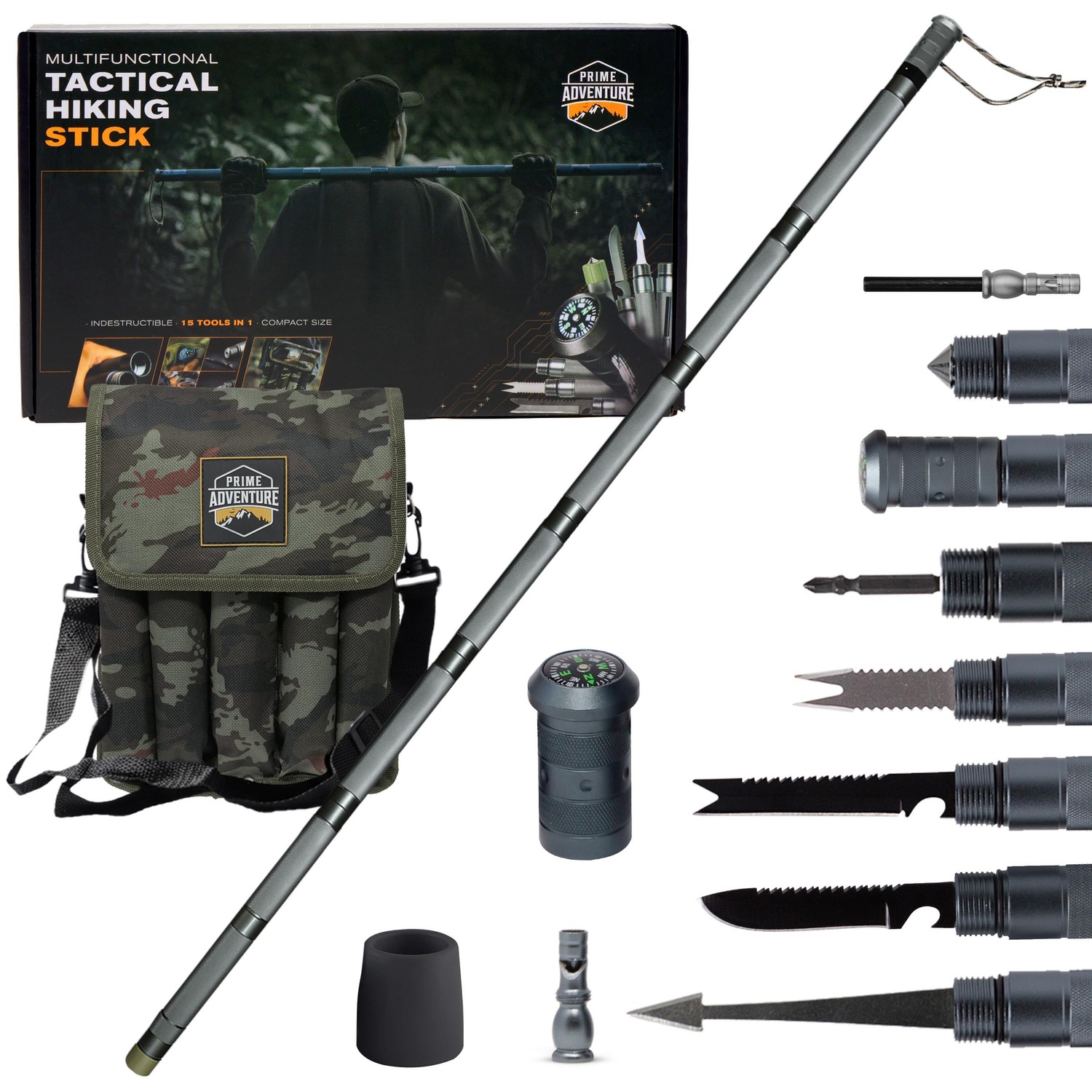 Prime Adventure 15-in-1 Tactical Survival Walking Stick & Hiking Staff ...
