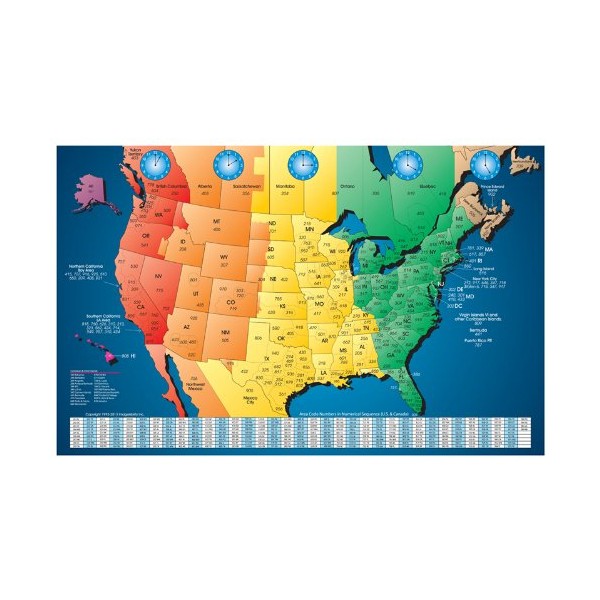 ImageAbility North America Laminated Gloss Time Zone Area Code Map with ...