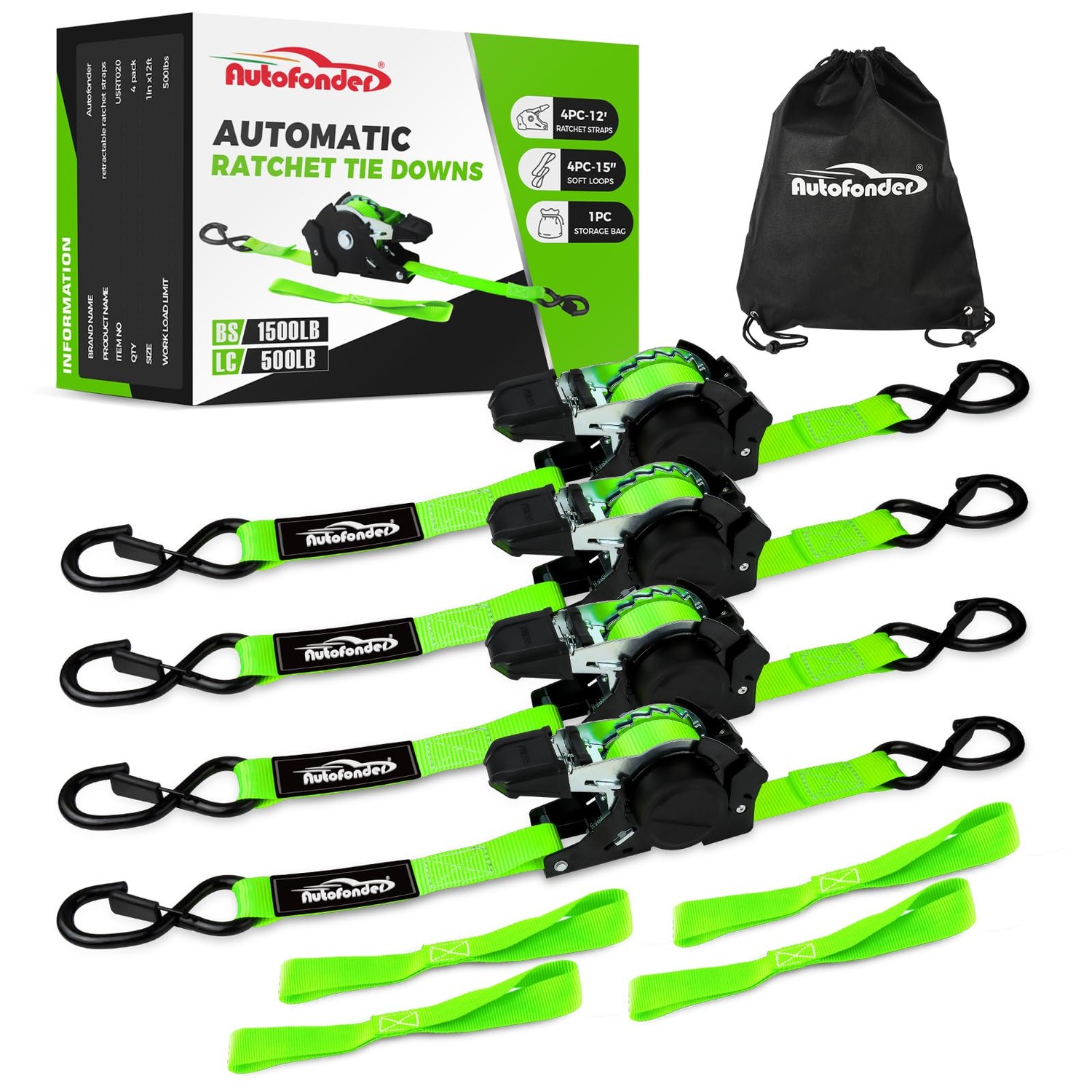 Autofonder Retractable Ratchet Straps with Soft Loops(4 Pack)-(1,500lb ...