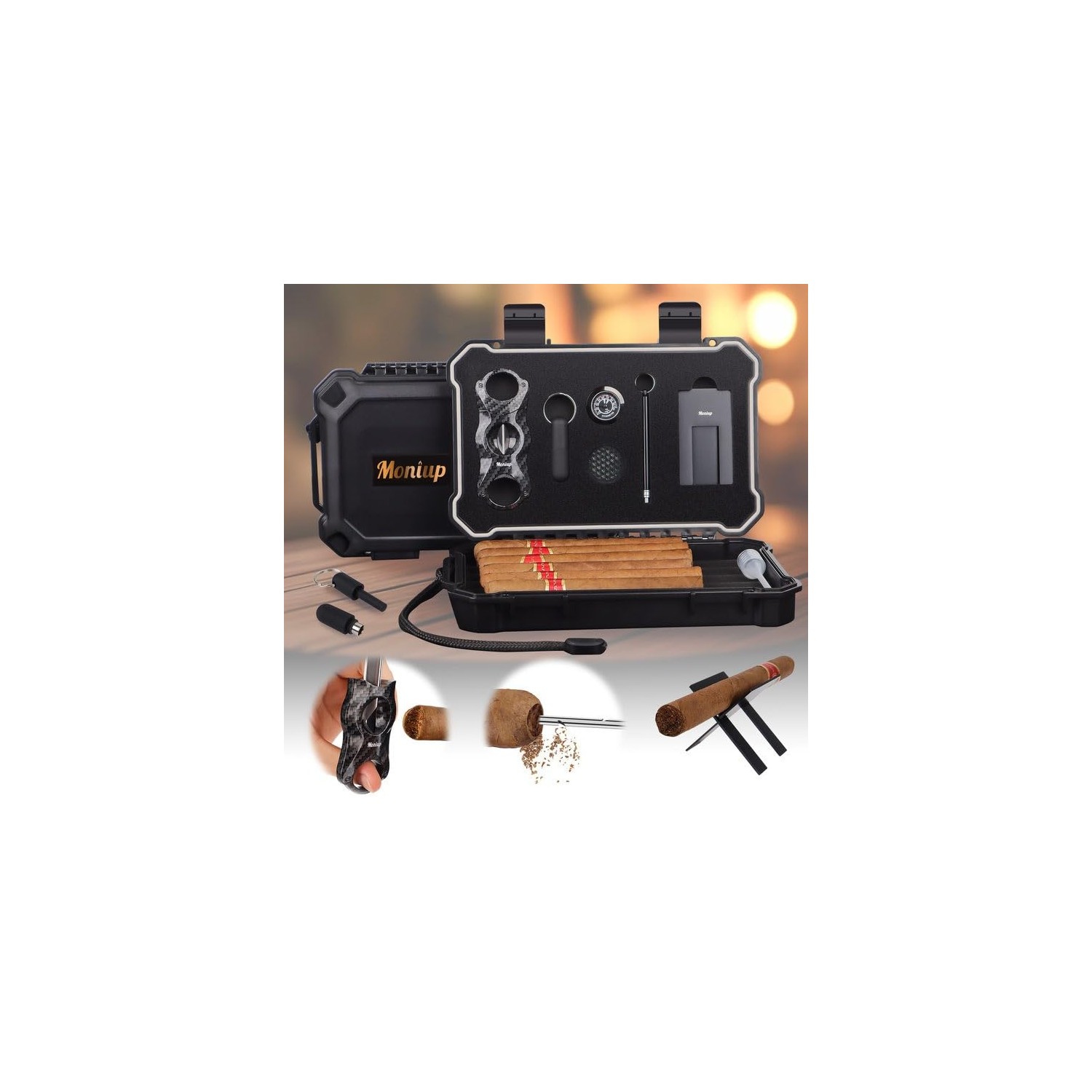 Travel Cigar Humidor Box Set with Cigar V Cutter, Cigar Punch, Cigar ...