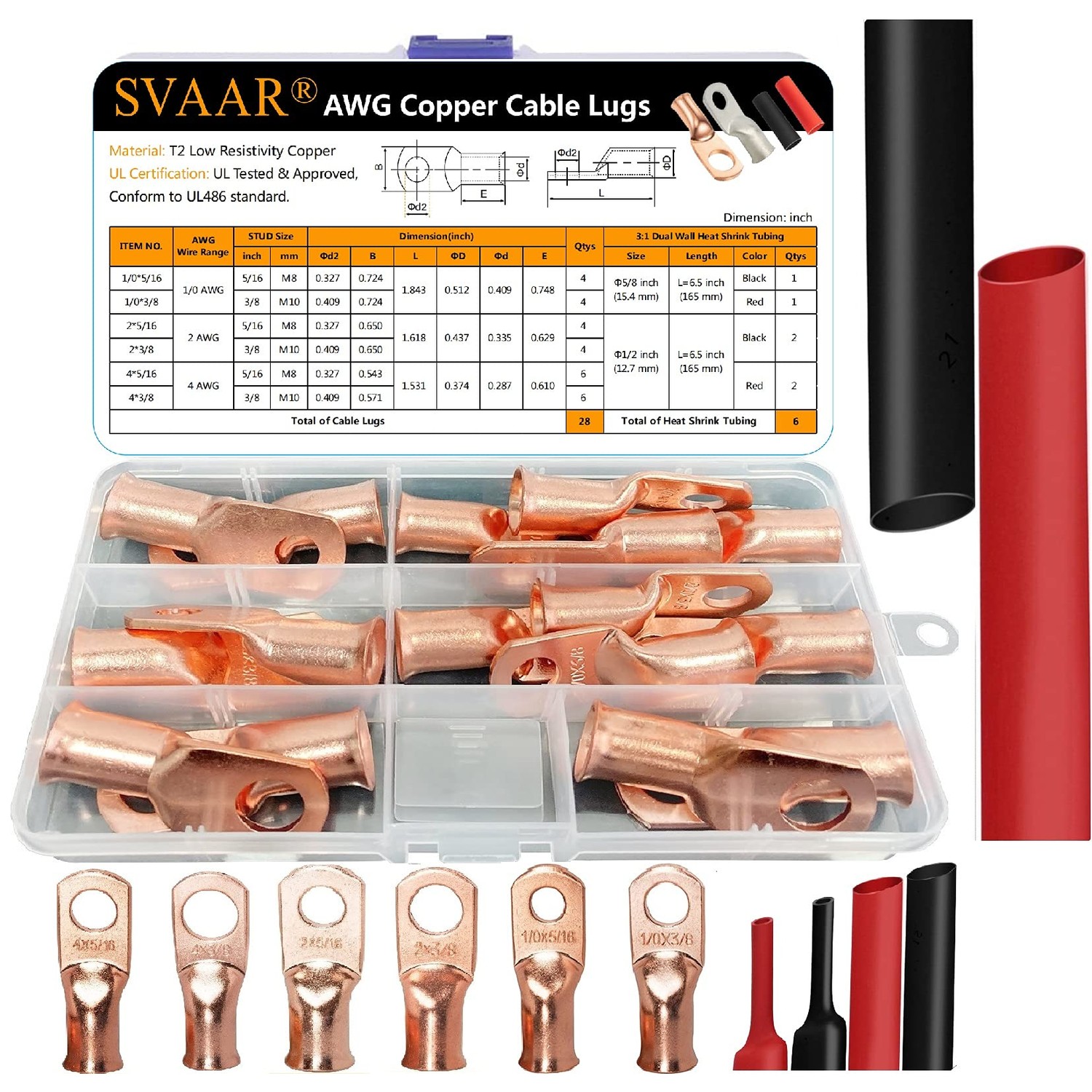 SVAAR 34pcs Battery Cable Lugs kit 1/0 Gauge 2 Gauge 4 Gauge Bare ...