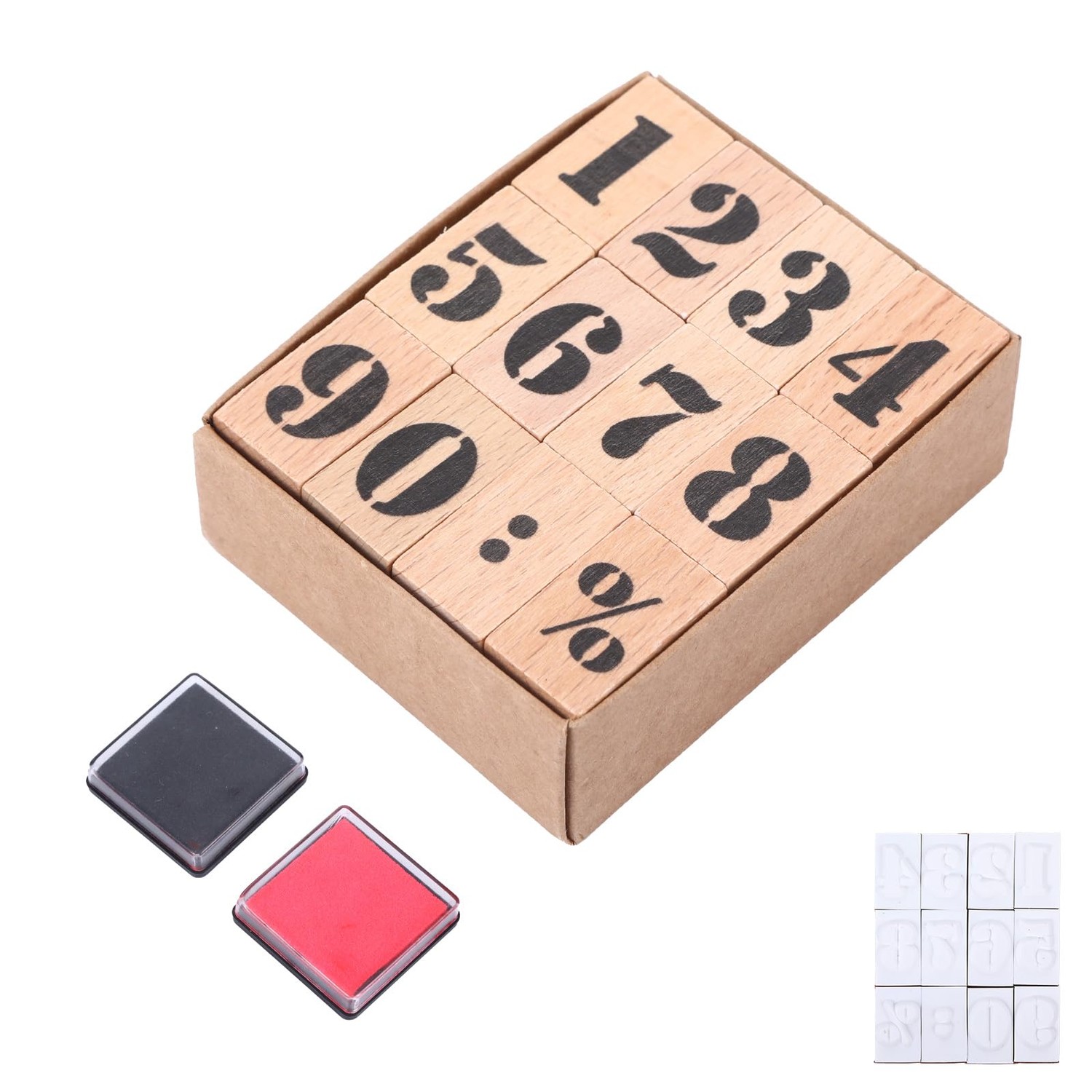 Pack of 12 Wooden Number Stamps, Numbers with Small Stamp Colour Red ...