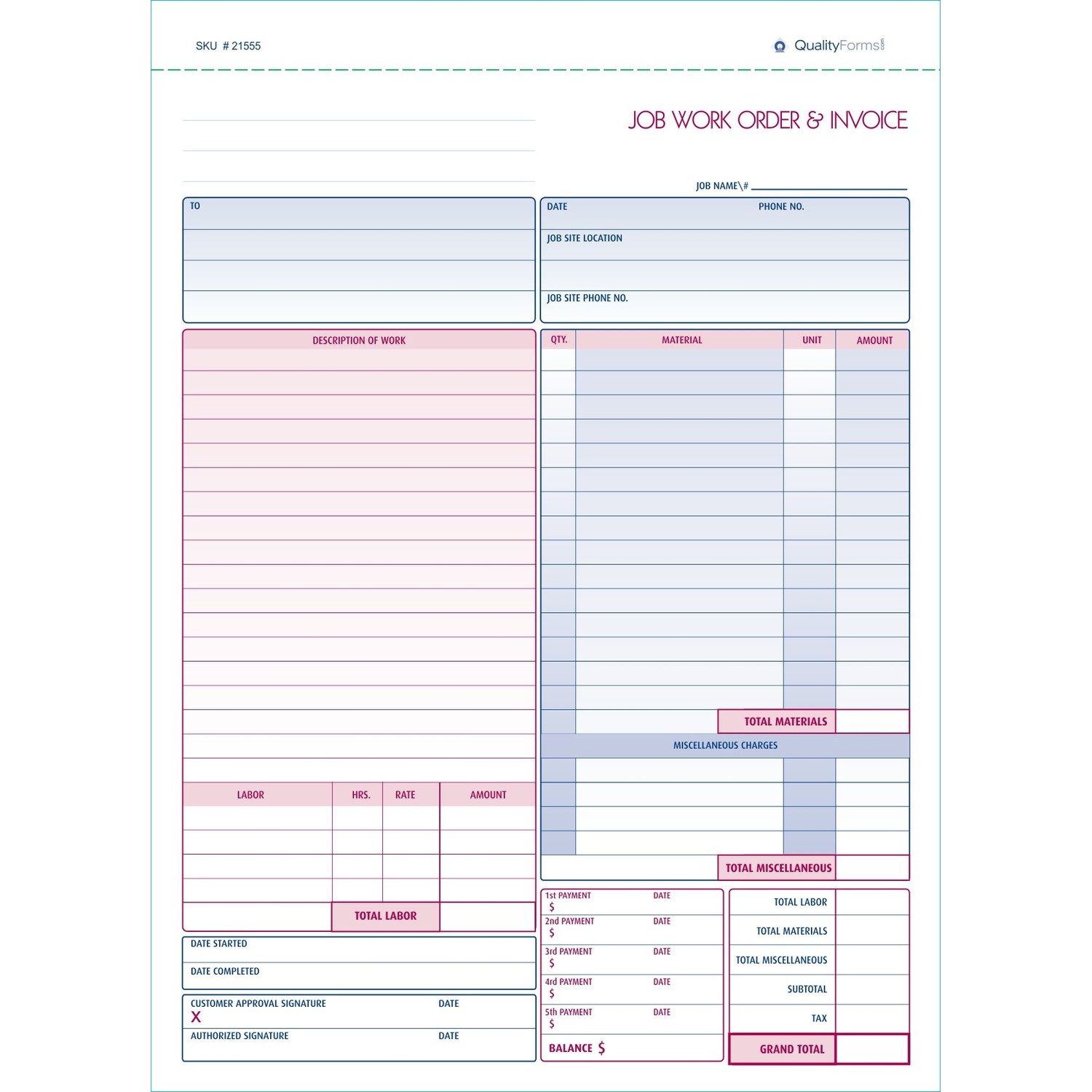 Job Work Order, Invoice & Grid Sheet, 2 Part Carbonless, 100 Per Pack ...