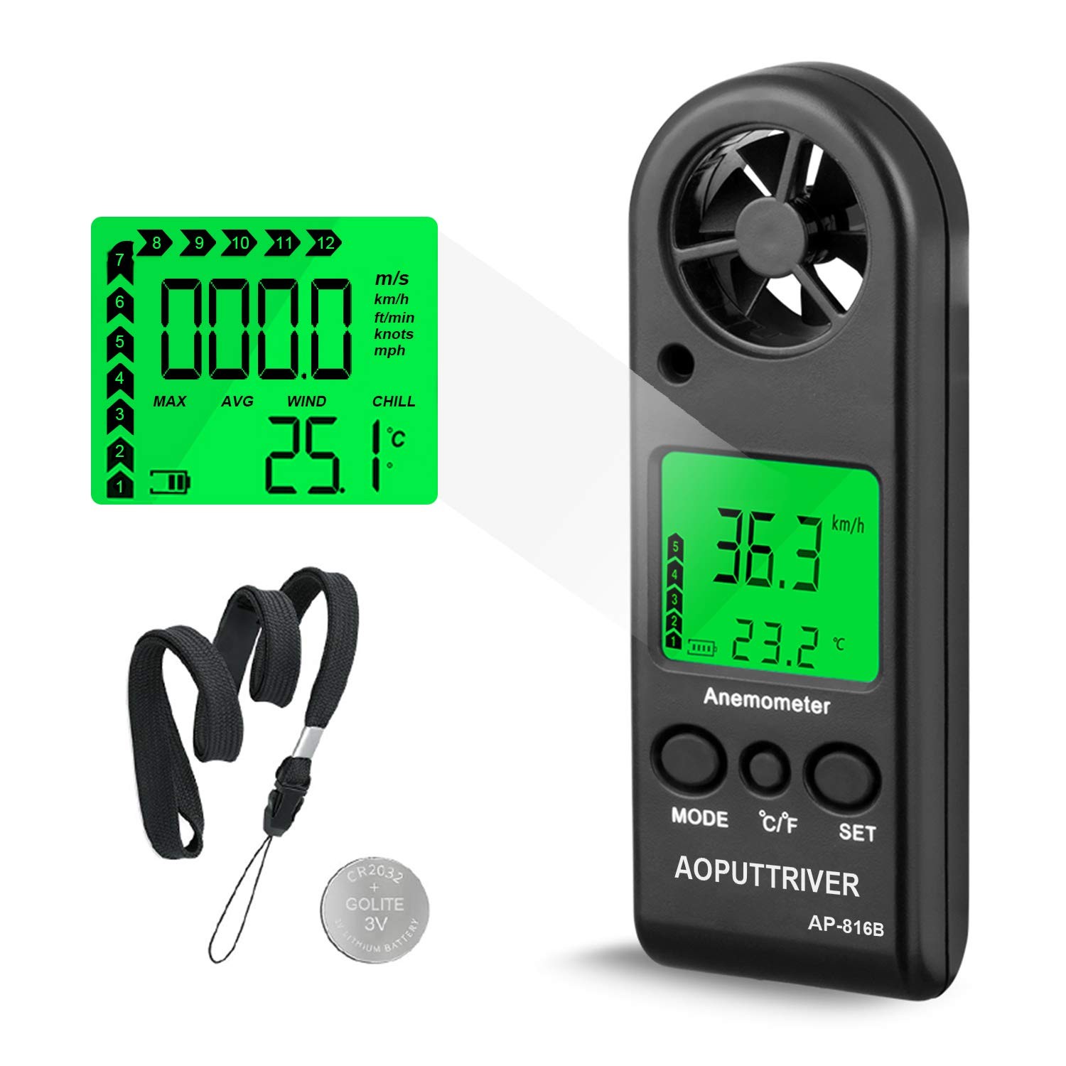 AOPUTTRIVER Small Handheld Anemometer AP-816B Digital Anemometer with ...