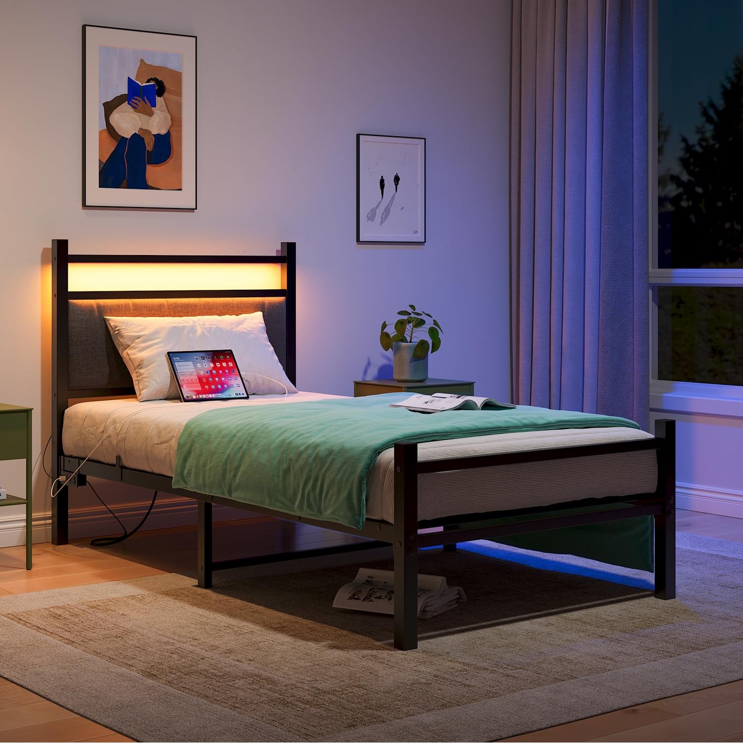 Crocofair Twin Size Bed Frame with Grey Upholstered Headboard and ...