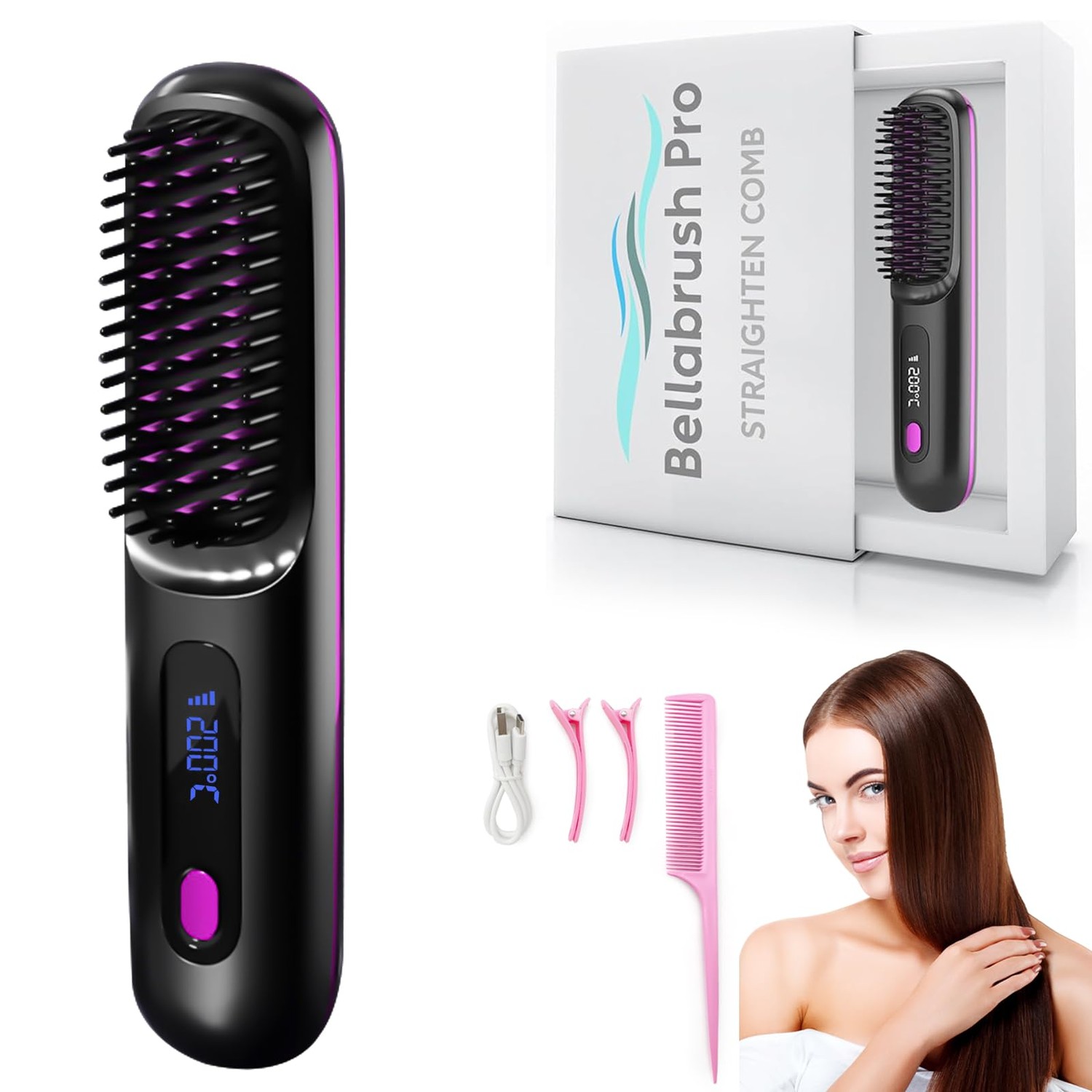 Bella Brush Pro, Ionic Straightening Hair Brush with Heated Bristles, Cordless Hair Straightener ...