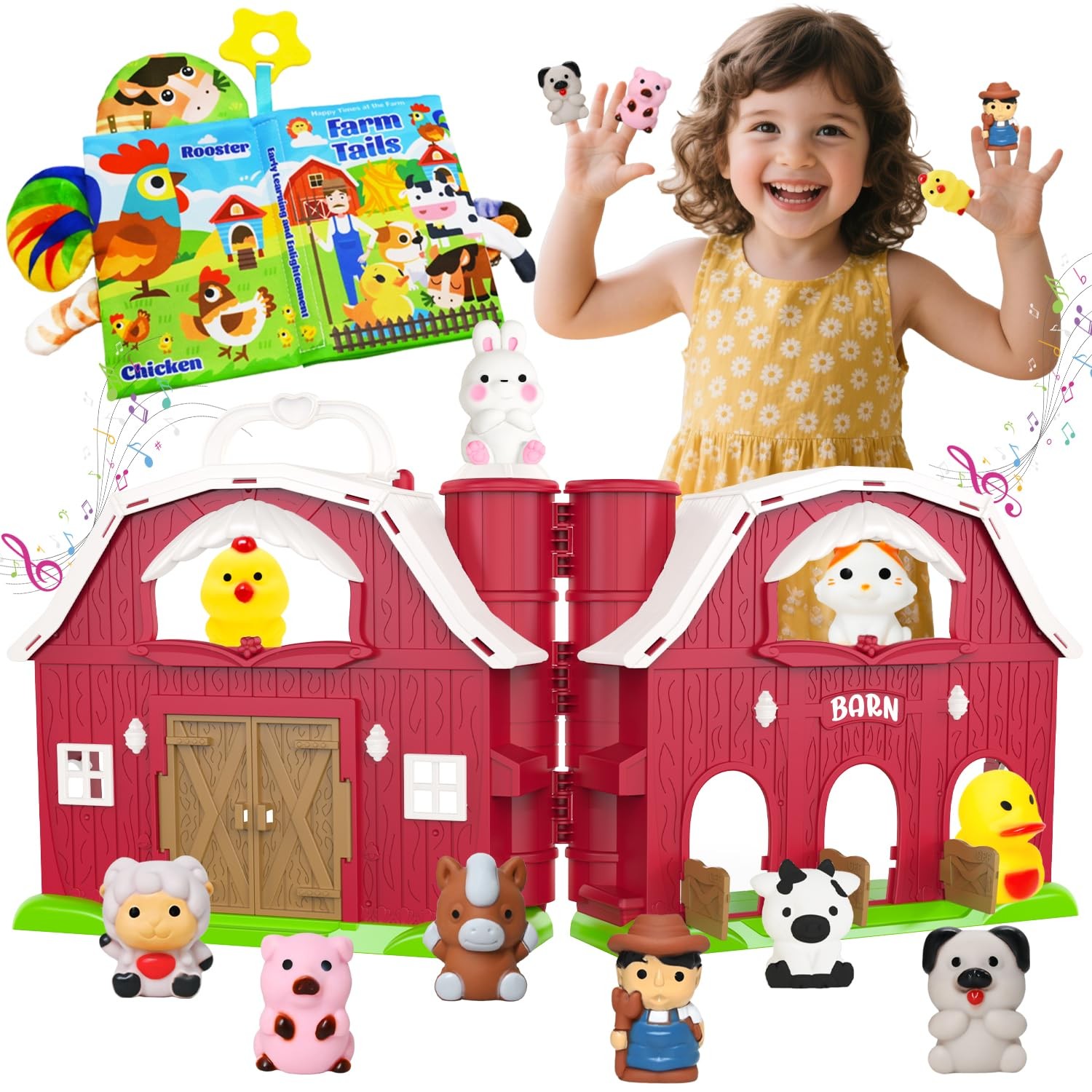 Big Musical Red Barn Toy Farm Animal Finger Puppets for 1 2 3 4 5 Years ...