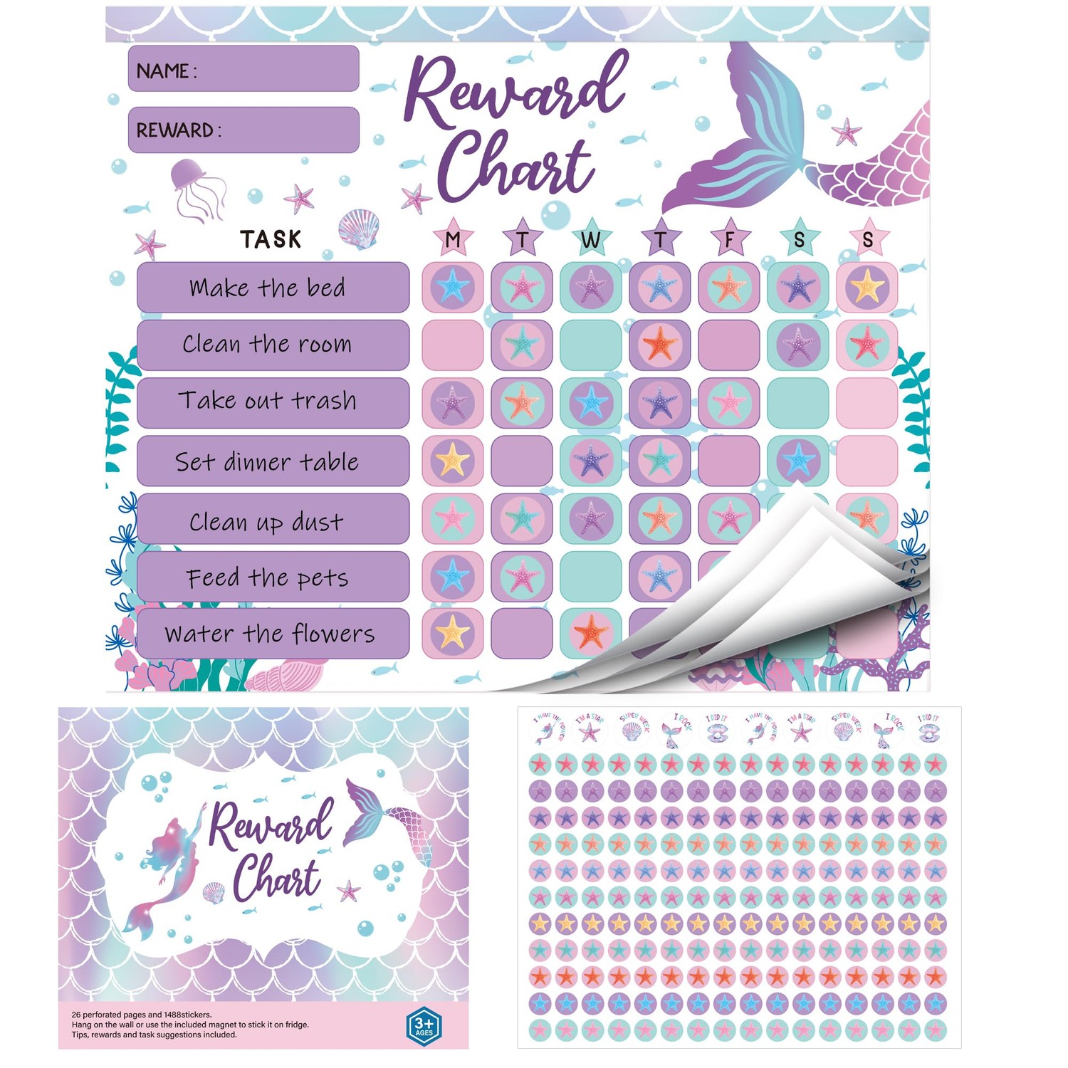 Reward Chart for Kids Magnetic Mermaid Behavior Chore Pad 26 Incentive ...