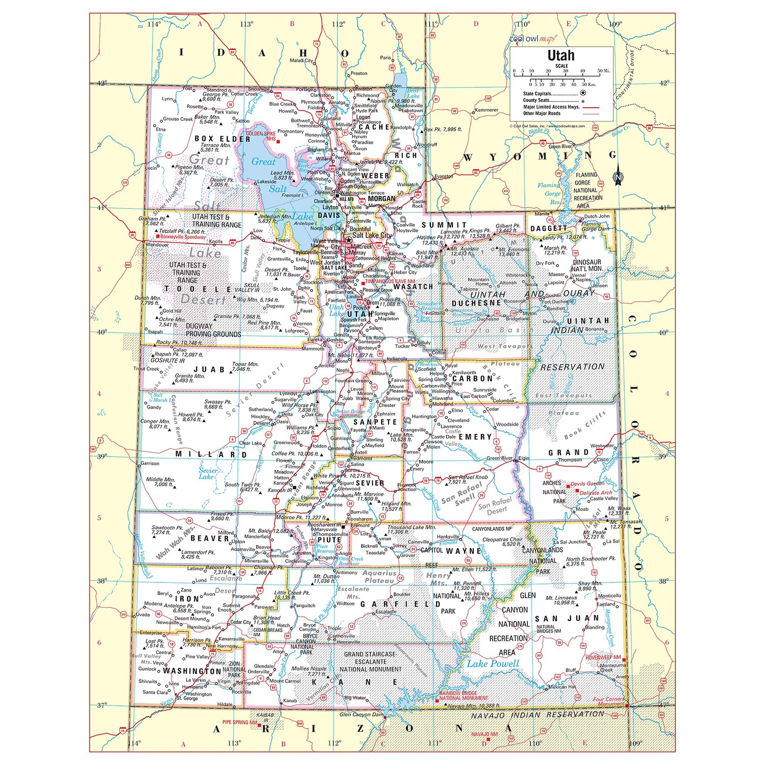 Cool Owl Maps Utah State Wall Map Poster Rolled 24"Wx30"H (Laminated ...