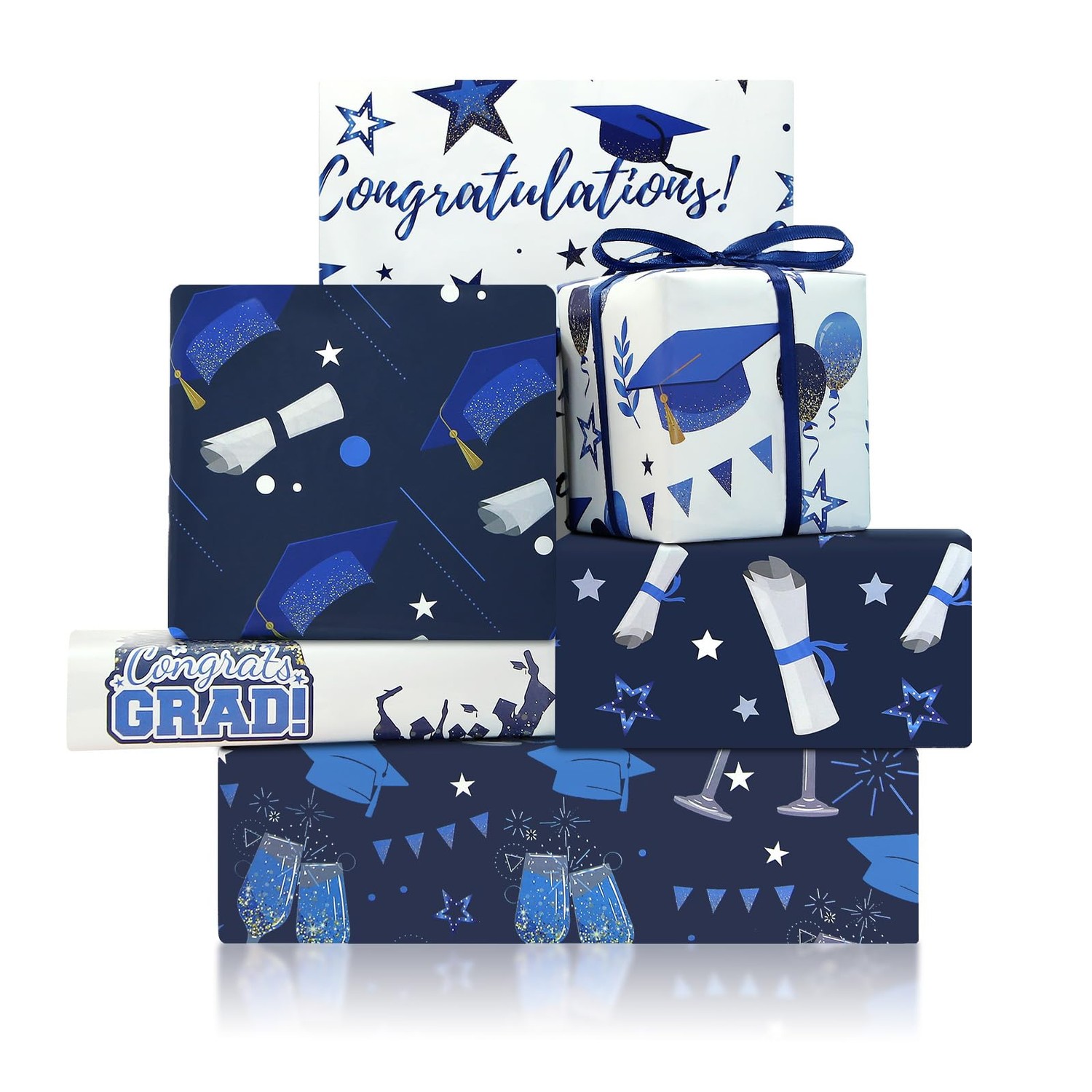 2025 Graduation Wrapping Papers, 6 Sheets Blue and White Grad Gift Wrap ...