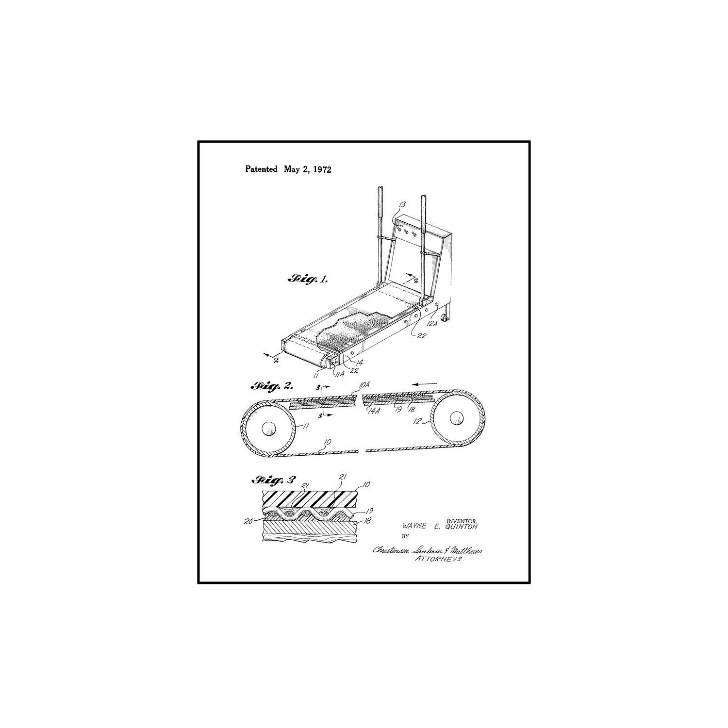 Exercise Treadmill Patent Print Black Ink on White with Border (20" x ...