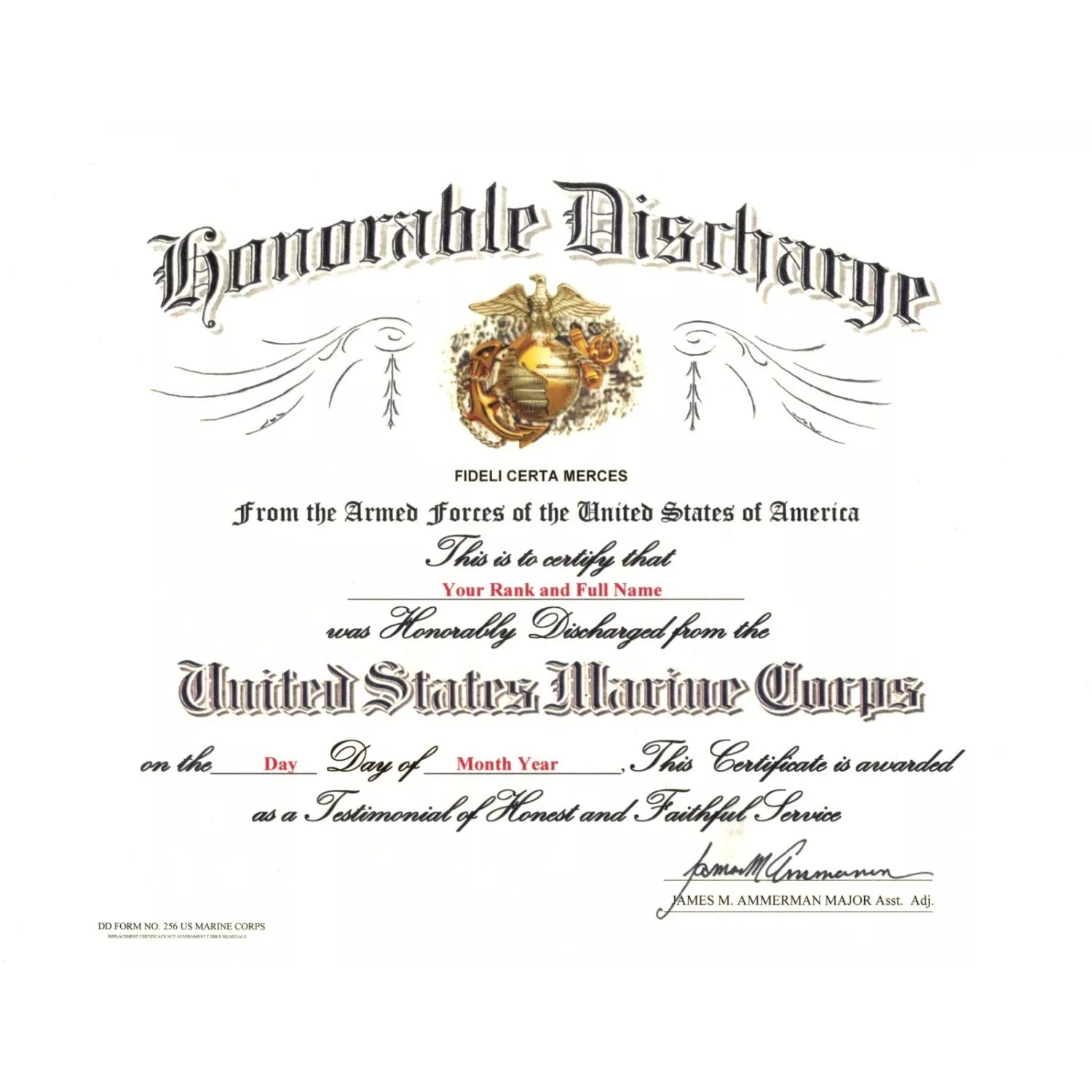 US Marine Corps Honorable Discharge replacement certificate - ibspot.com