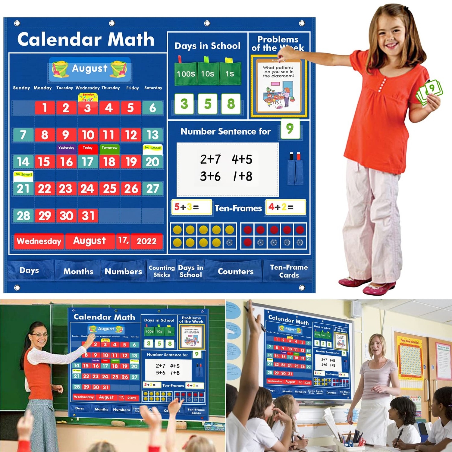 KIKIGOAL Daily Math Calendar Classroom Pocket Chart Educational Pocket ...