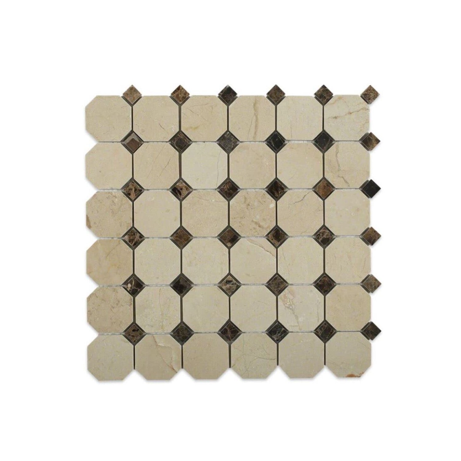 Tenedos Crema Marfil 2 Inch Octagon Pattern with Dark Emperador Dots ...