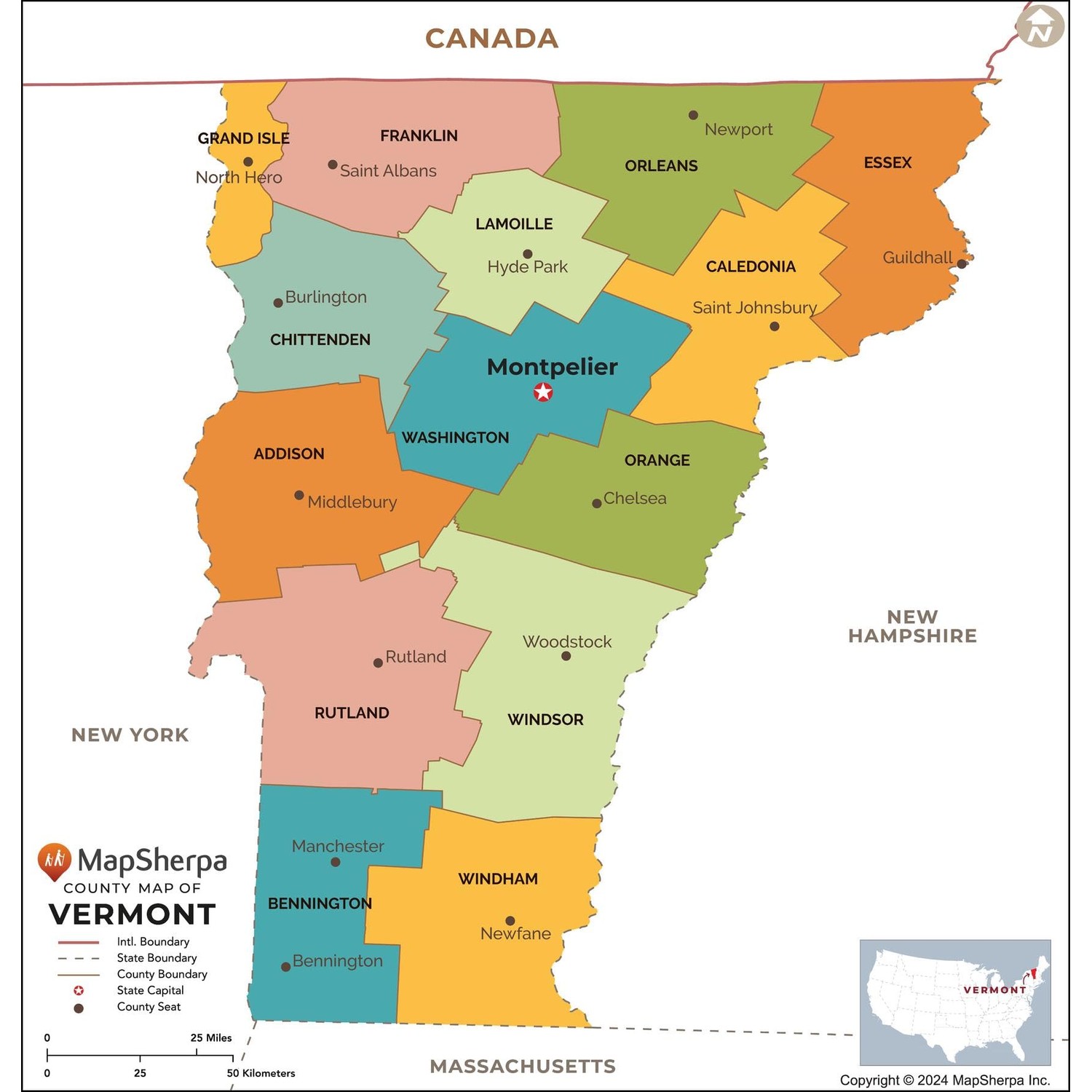 Vermont Counties Map - Standard - 37.5 x 36 inches - Front Lamination ...