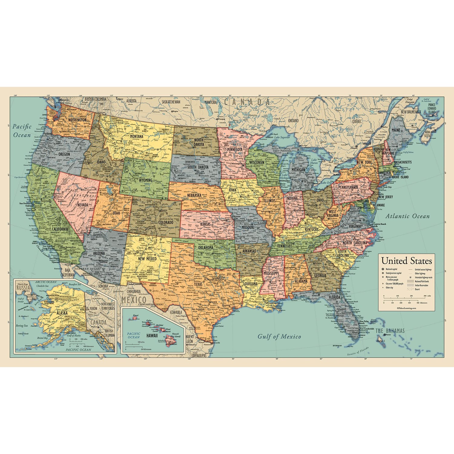USA Map Poster - United States Map Chart [Tan/Color] (Laminated, 18” x ...