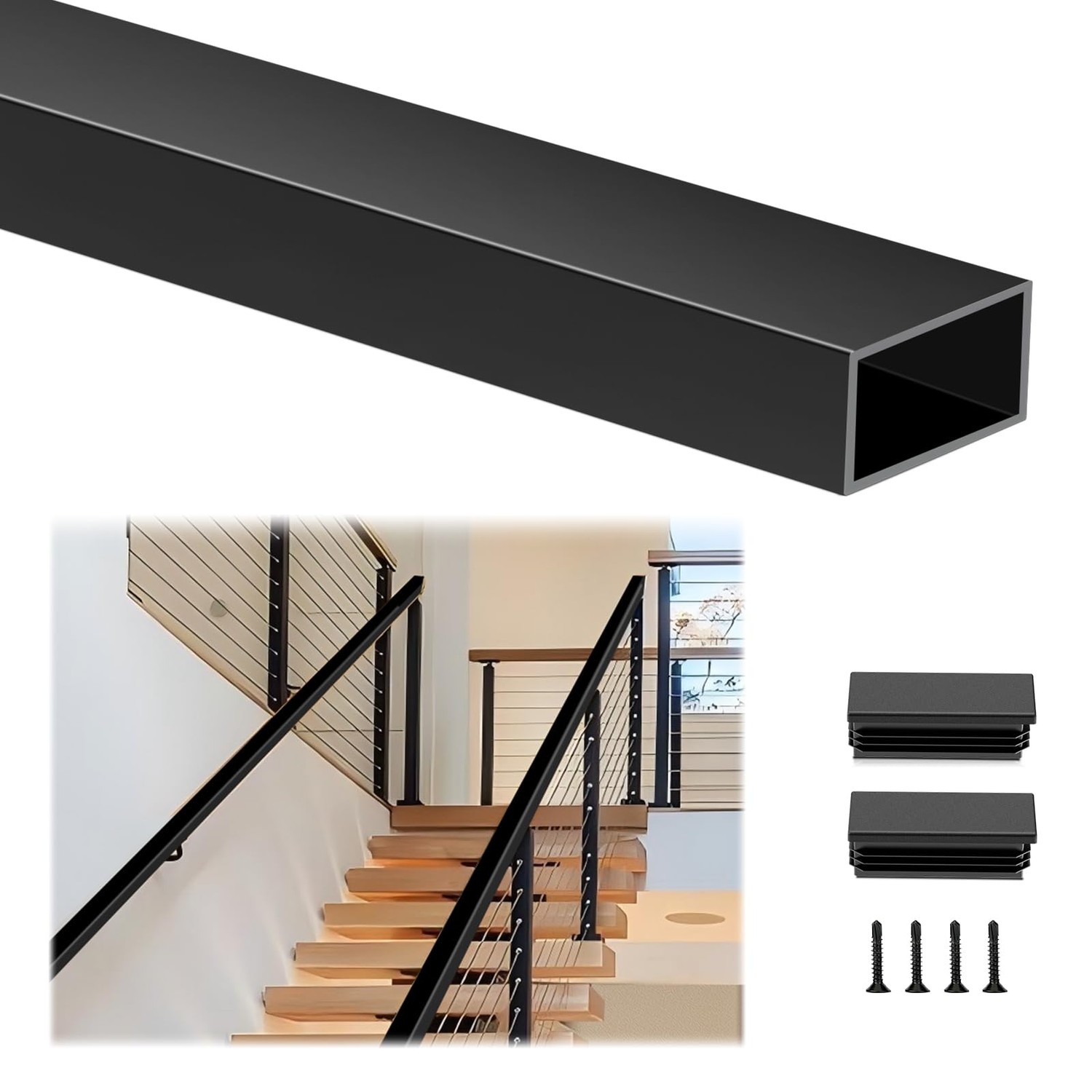 Gyykzz 4FT Aluminum Handrail Black, Rectangular Flat Top Hand Rail for ...