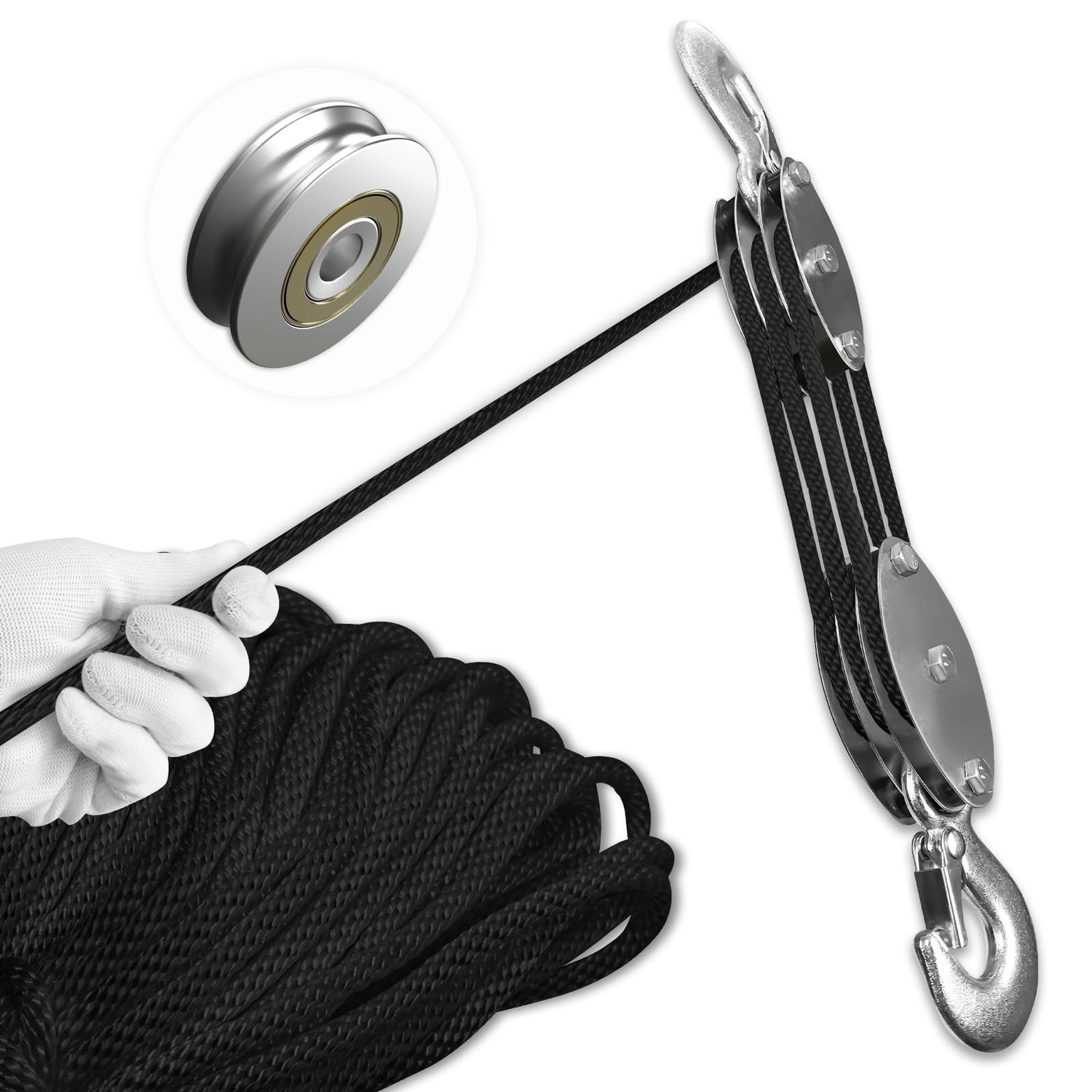 SALIFTFE Block and Tackle Pulley System, Upgraded 3-Wheel Rope Pulley ...