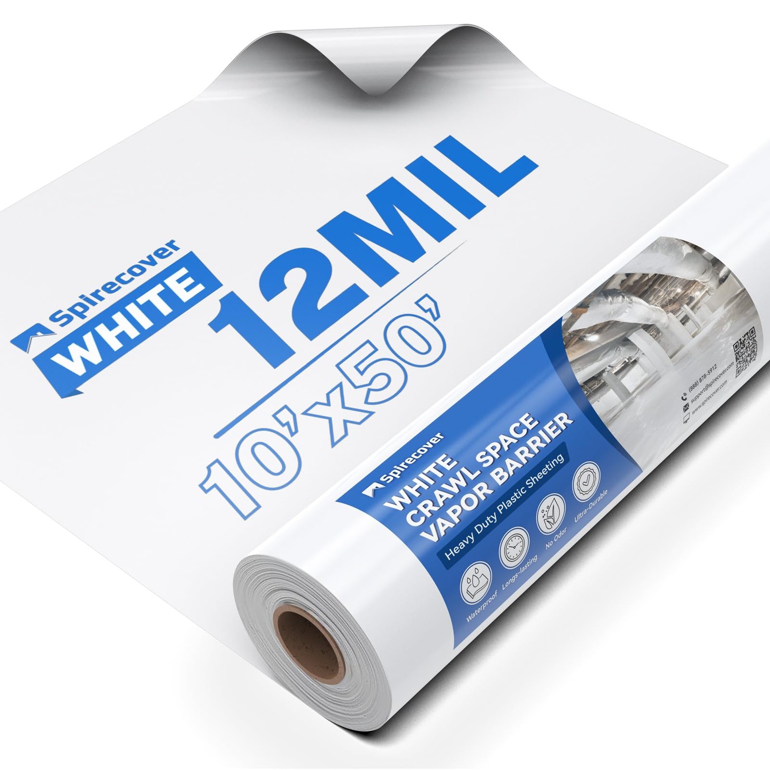 Spirecover White Crawl Space Vapor Barrier, 12 Mil Vapor Barrier, 10' x ...