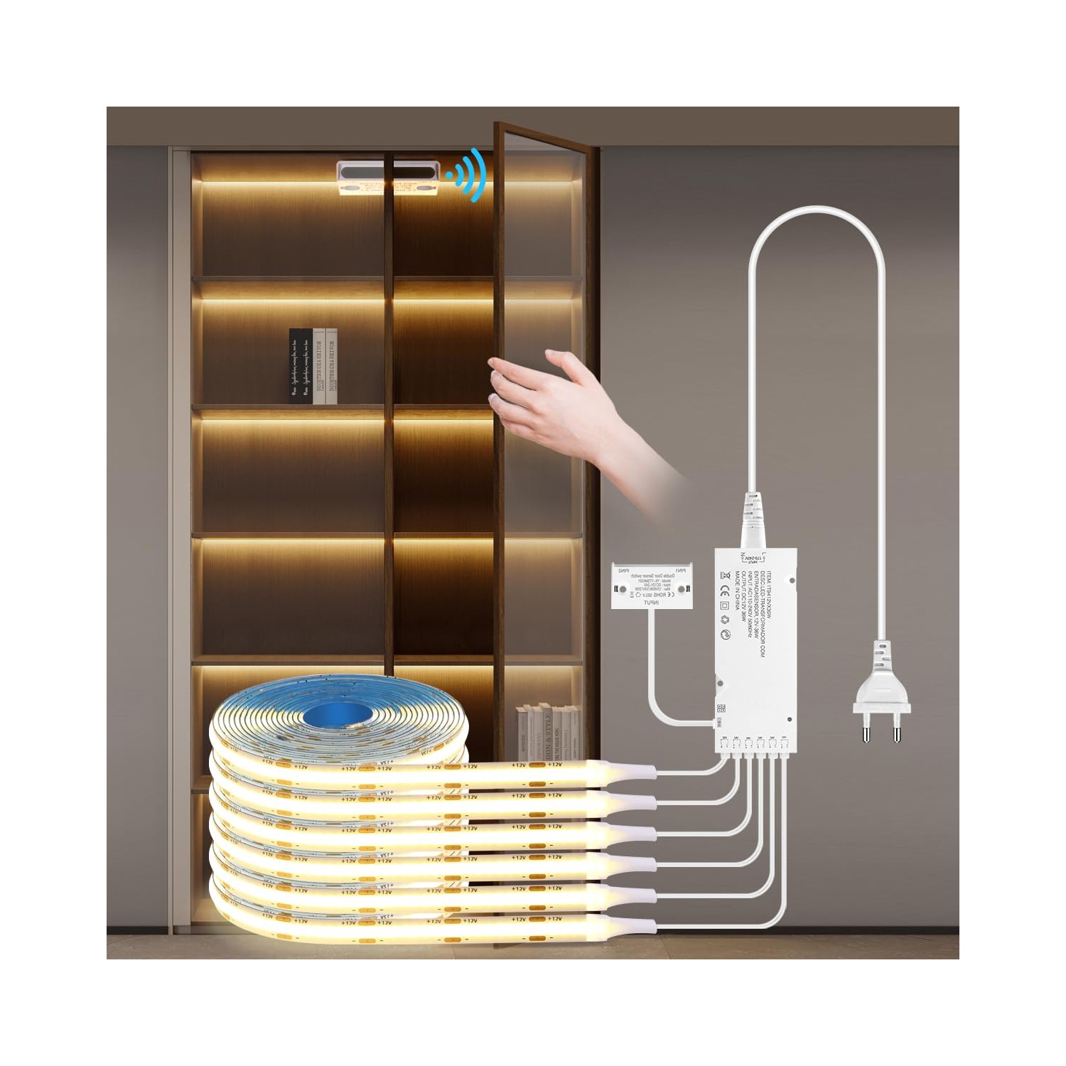 AIMENGTE Cabinet Light 12V 6-in-1 COB LED Strip Light with Dual-Door Sensor Switch, Adhesive ...