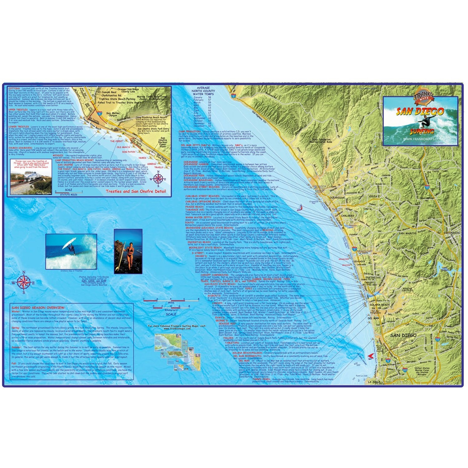 Franko Maps San Diego Surf Map Laminated Surfing Guide Poster - ibspot.com