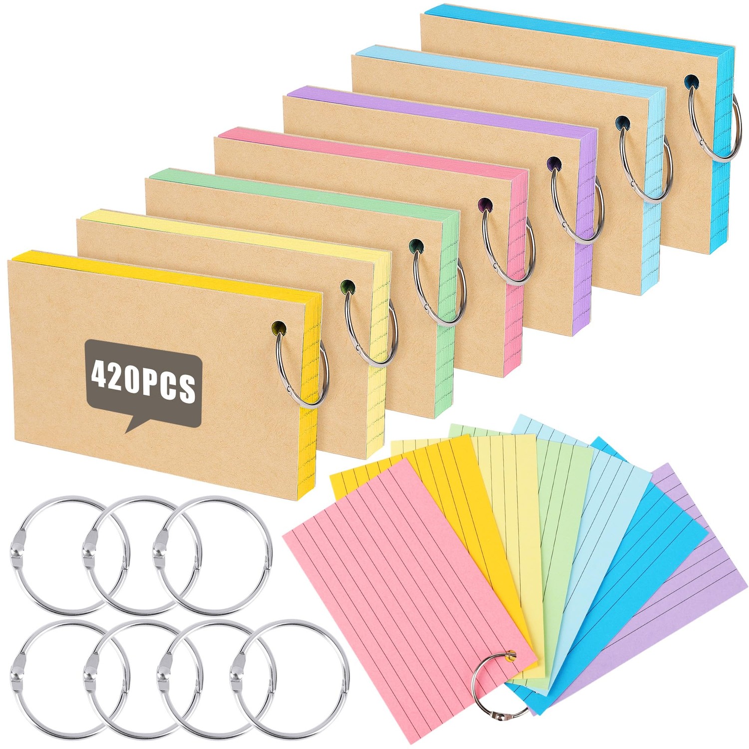 Flash Cards Ruled Index Cards 420 Pcs with Metal Binder Rings,3x5 Inch ...