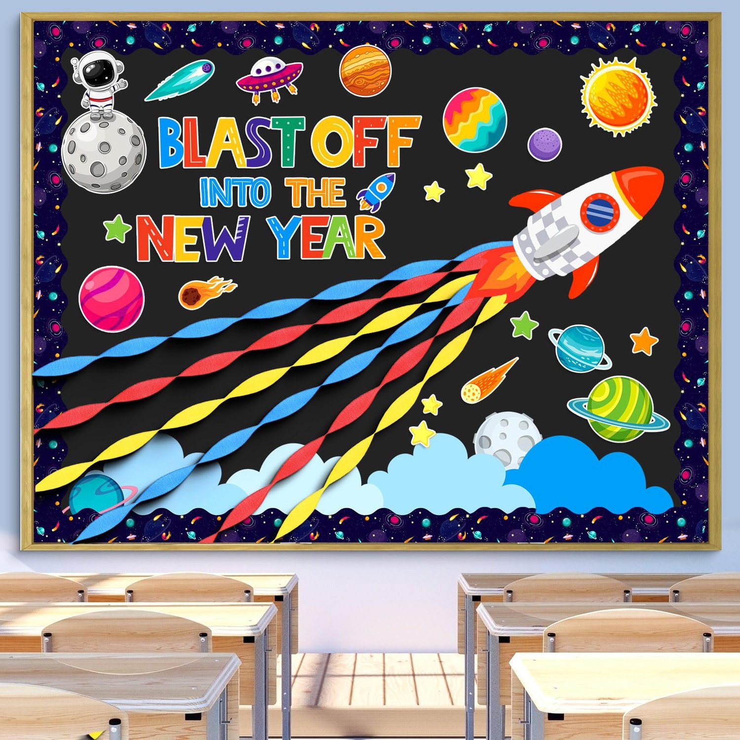 Pasimy Outer Space Bulletin Board with Crepe Paper Streamers 3D Space ...
