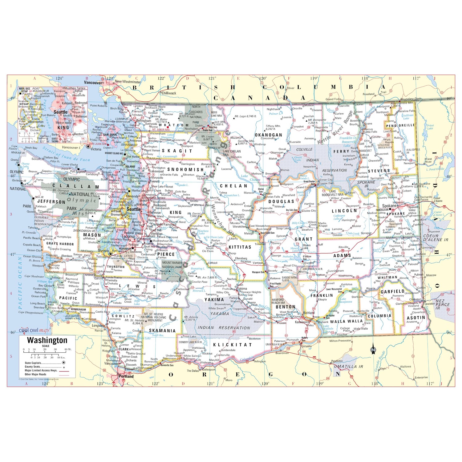 Cool Owl Maps Washington State Wall Map Large Print Poster Rolled ...