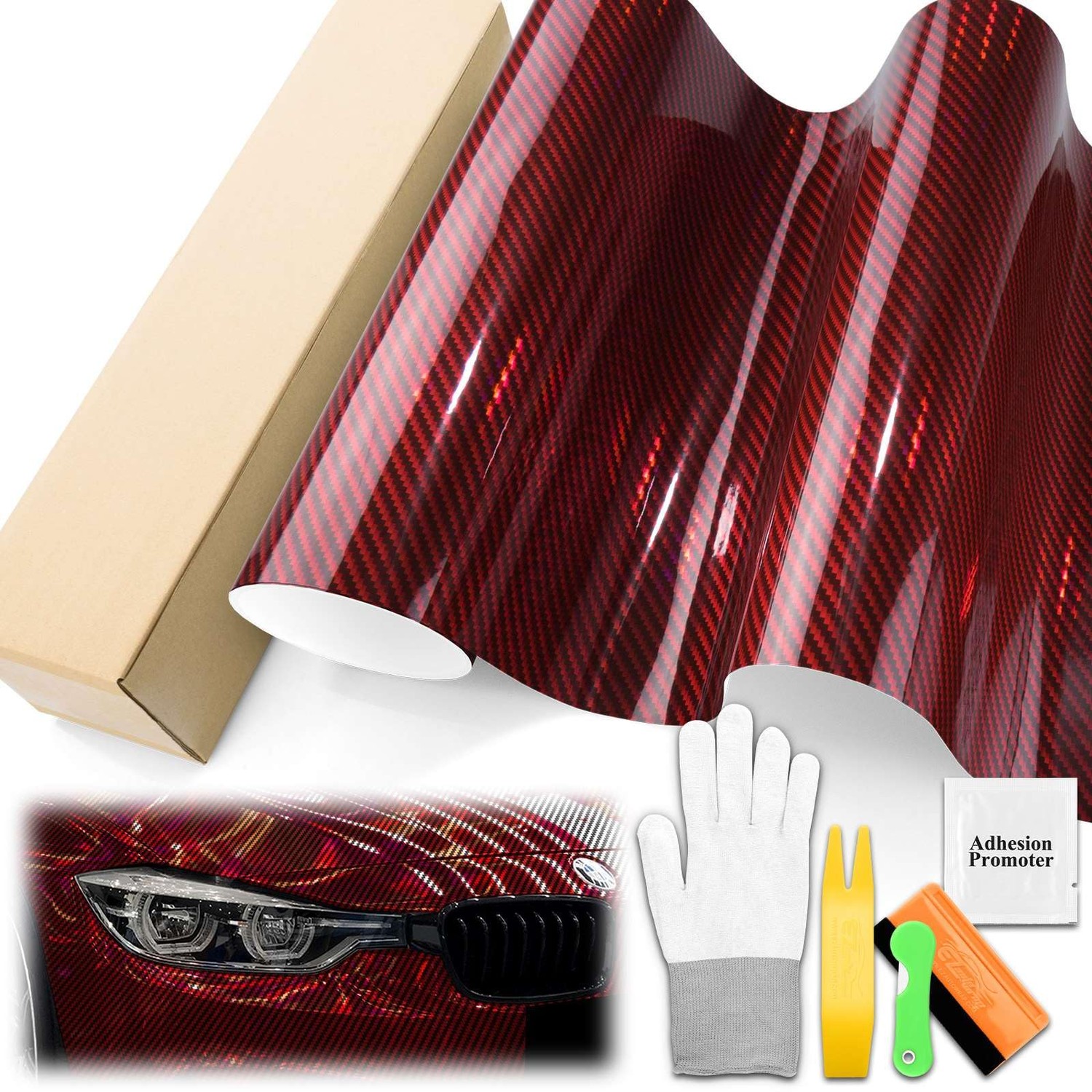 Holographic 2D Carbon Fiber Textured Red Rainbow Chrome Vinyl Wrap Auto ...