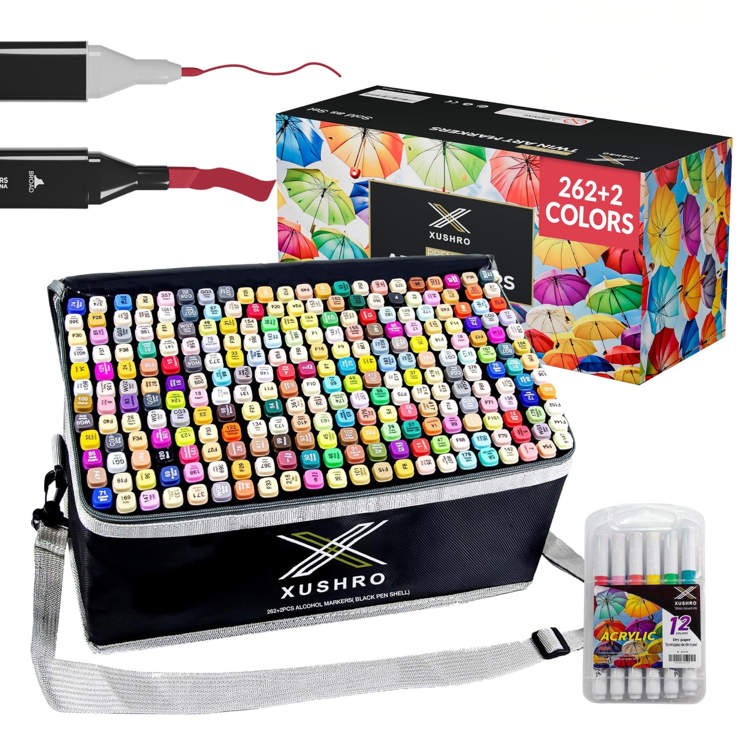 Xushro 262+2 Piece Dual Tip Alcohol Markers Set with 12 Free Acrylic ...