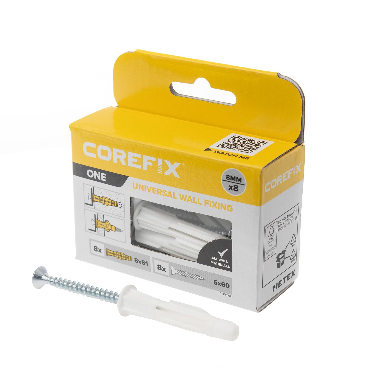 Corefix ONE Universal Wall Plugs & Screws Pack of 8, Heavy Duty (100kg ...