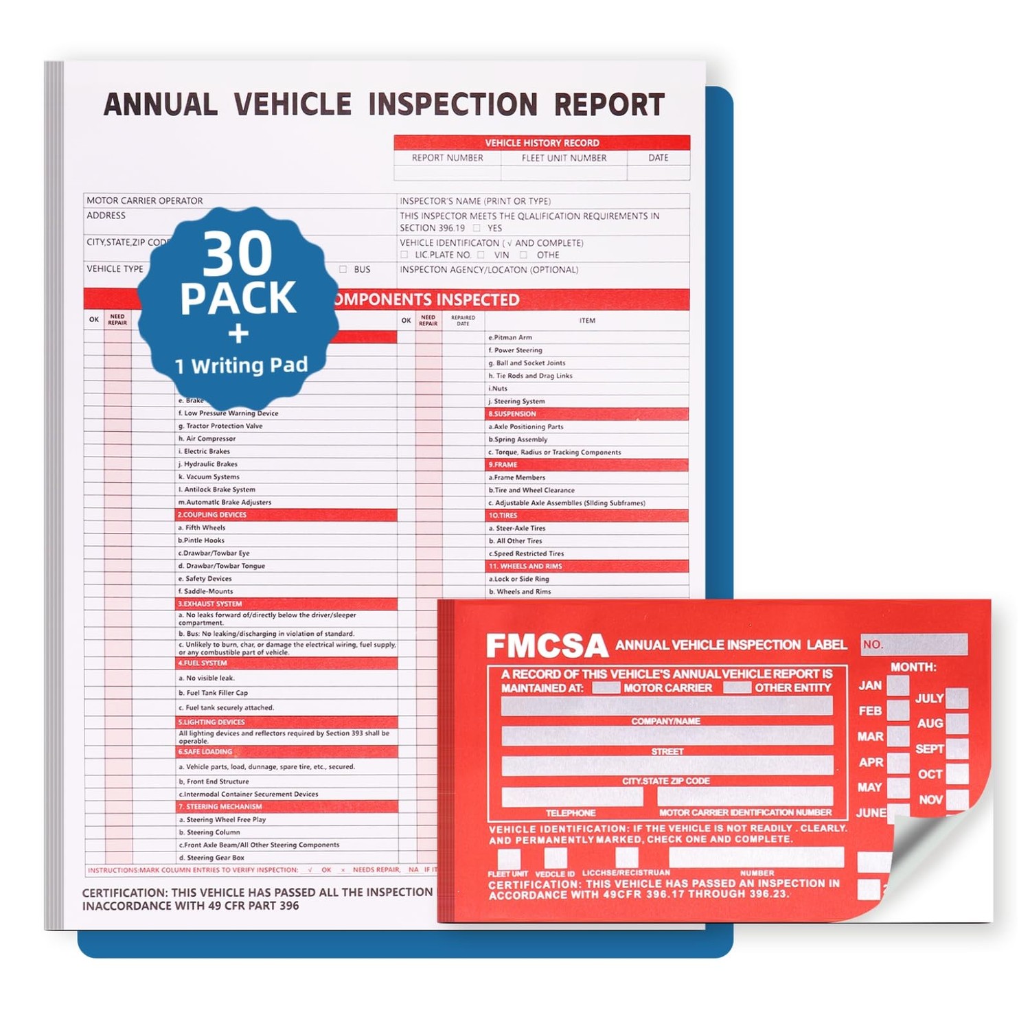 30-Pack Annual Vehicle Inspection Report Form, 3-Ply Carbonless Form ...