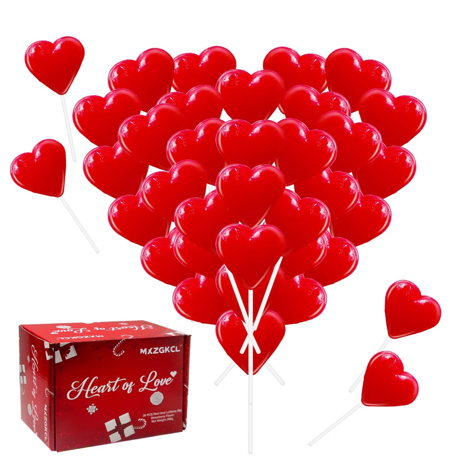 36 Pack Red Heart Shaped Hard Candy Lollipop Suckers Valentine's Day ...