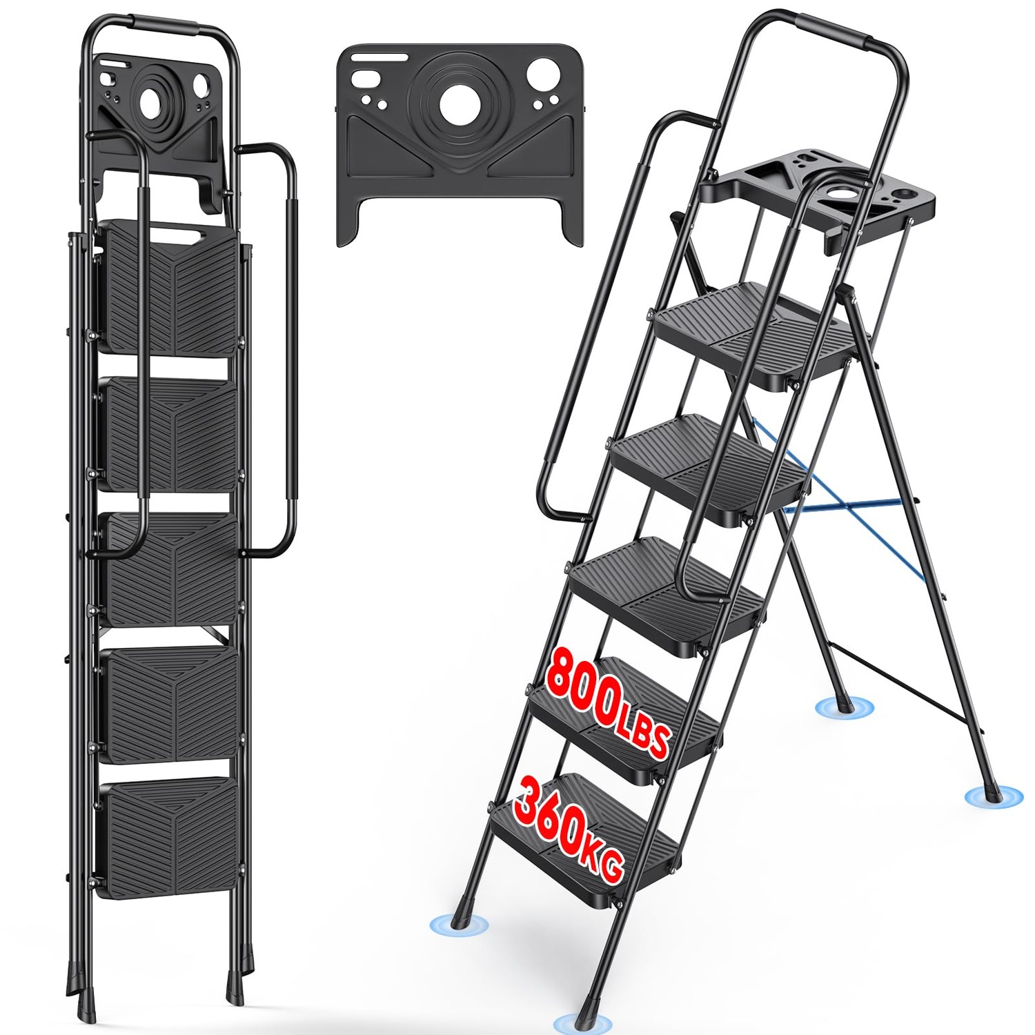 Step Ladder 5 Step Folding with Handrails, 800 LBS Capacity, Portable ...