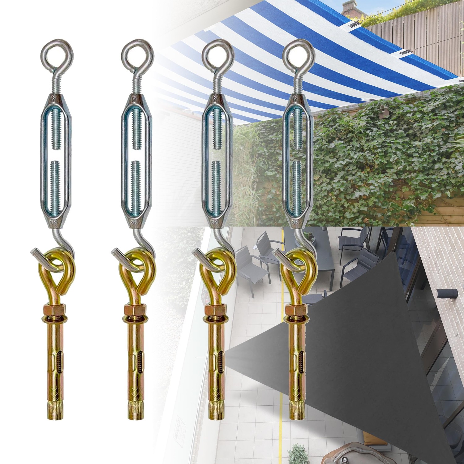 Kit de 4 Tensores con Armella Expansiva 1/4" x 3" para Instalación de Malla Sombra, Lonas y ...