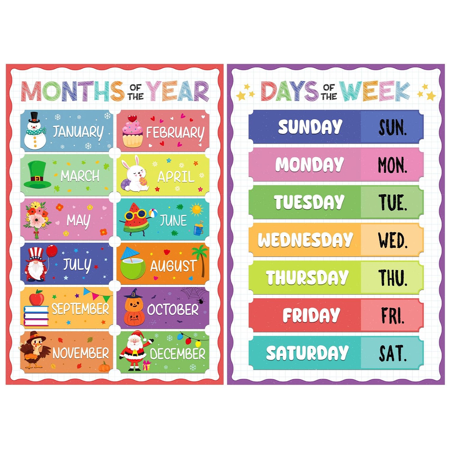 D4DREAM Days of The Week Poster for Kids - 2Pcs Laminated Months of the ...
