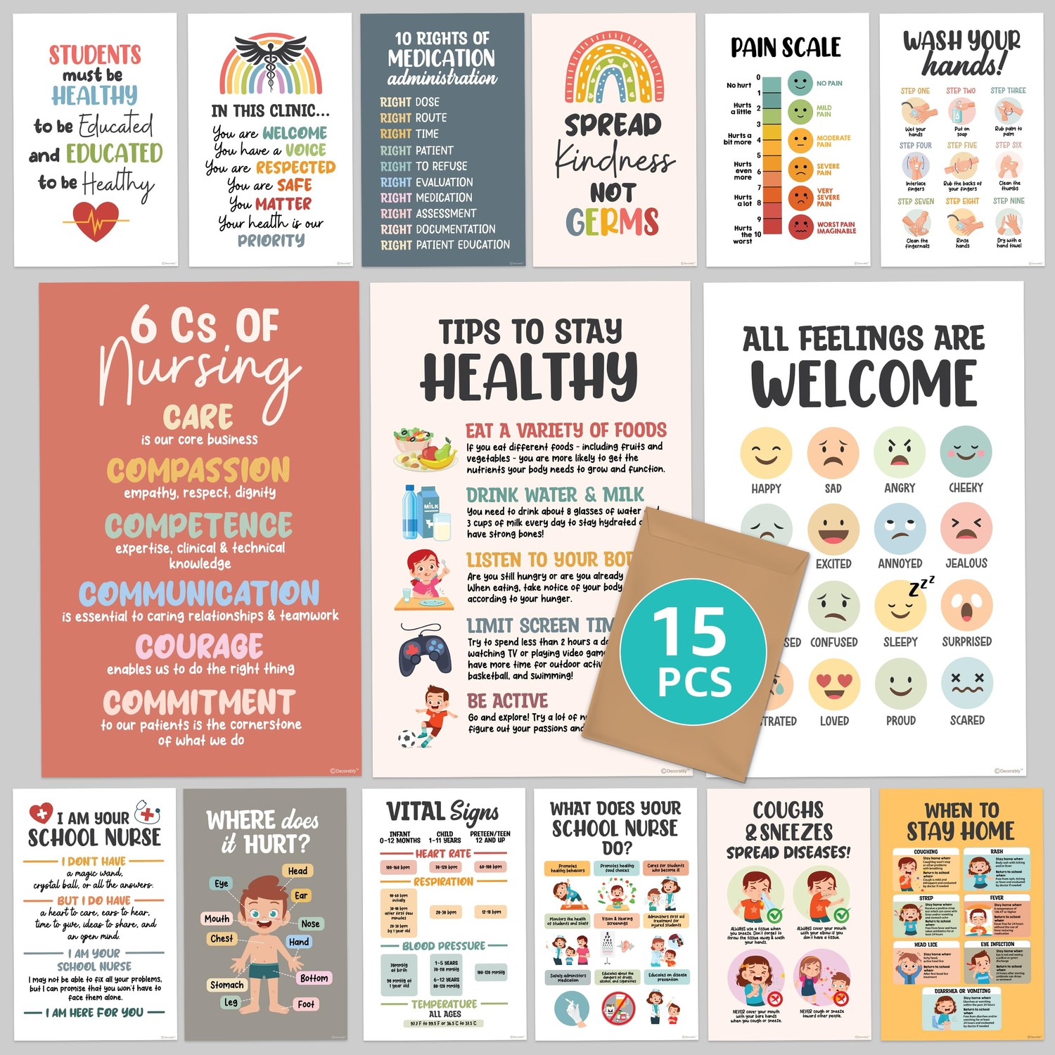 15 Health Posters for School Nurse Office Decorations, 11x17" School ...