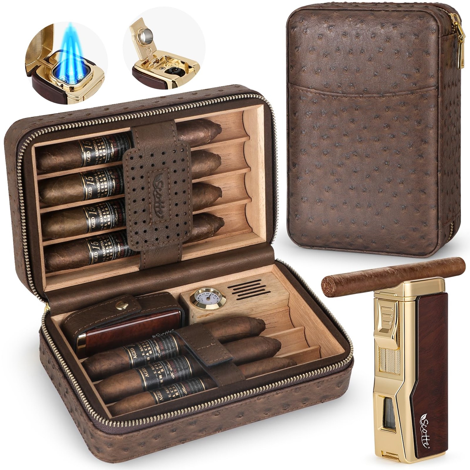 Scotte Scotte Cigar Humidor Box, Cigar Lighter Cedar Wood Lined Leather ...