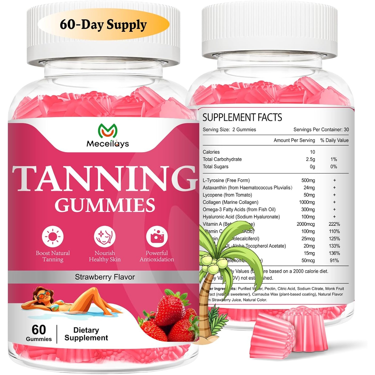 2 Pack Tanning Gummies for Women, Daily Tanning Supplement Melanin Tan ...