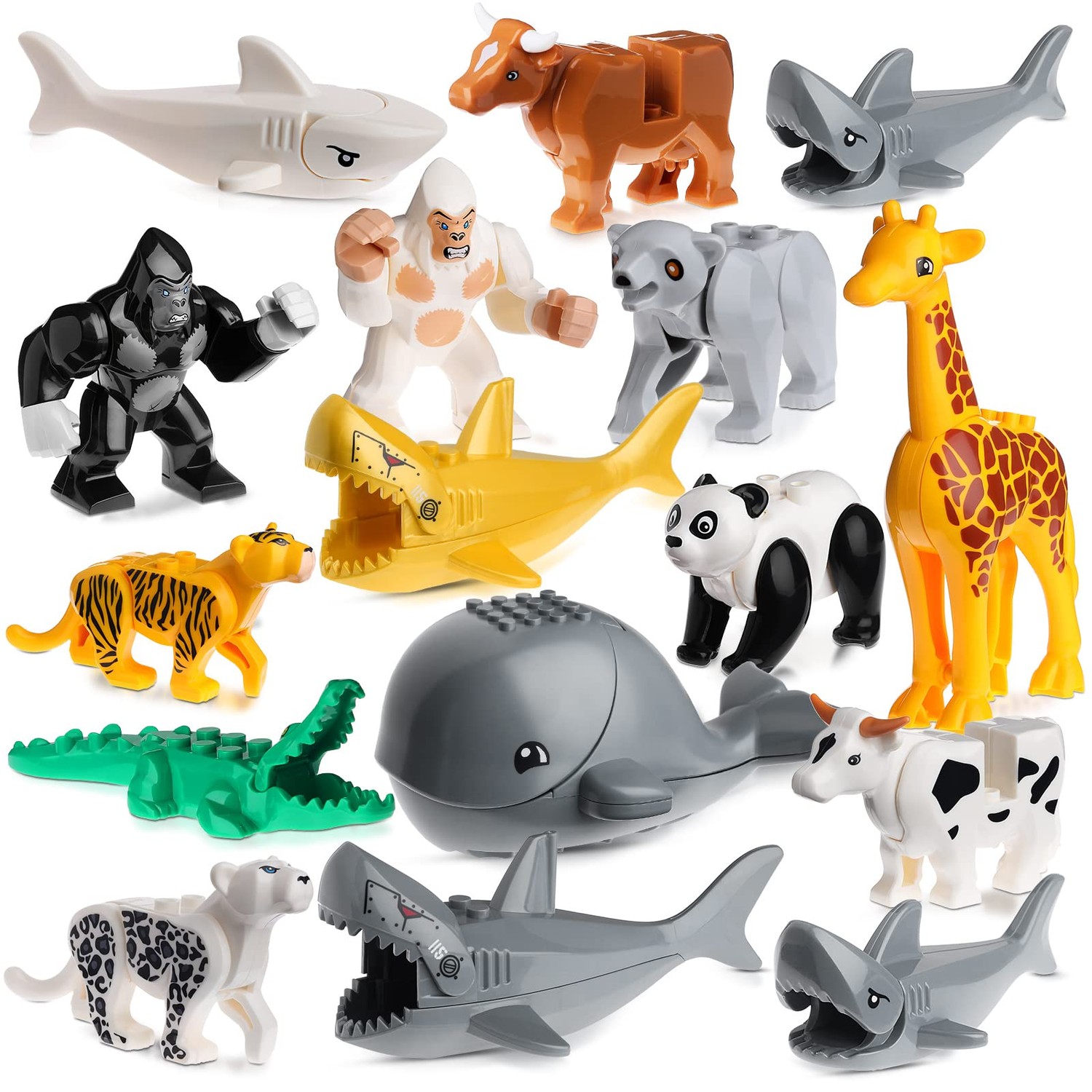 16 Pcs Zoo Animals Building Bricks Blocks Jungle Model Figures Set with ...