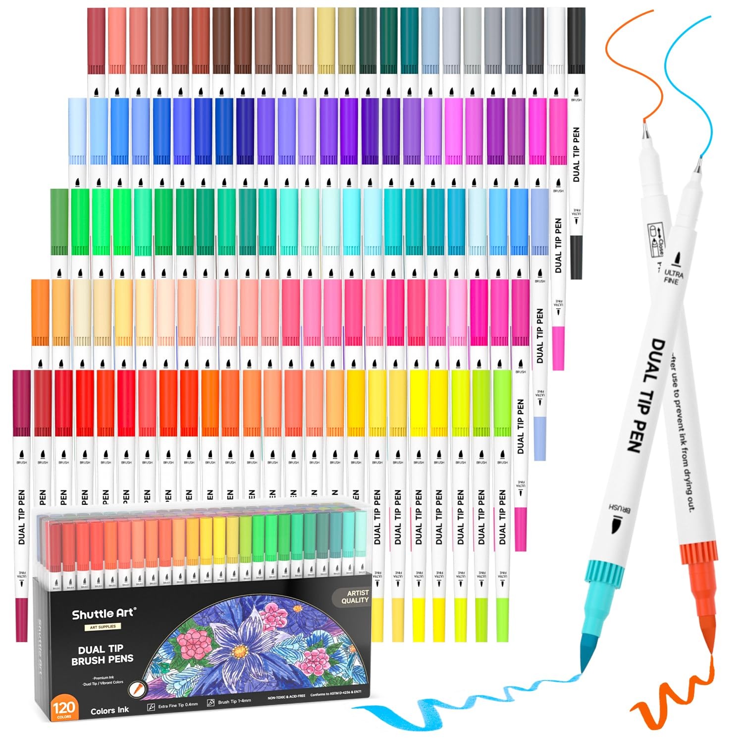 120 Colors Dual Tip Brush Marker Pens with 1 Coloring Book, Fineliner ...
